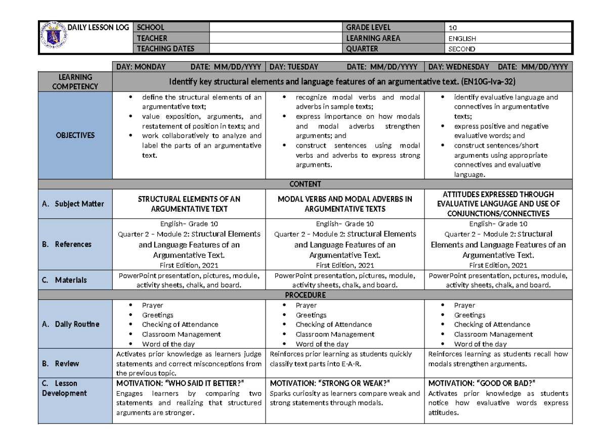 Grade 10 English Q2 W2 Daily Lesson Plan: Argumentative Texts & Modals ...