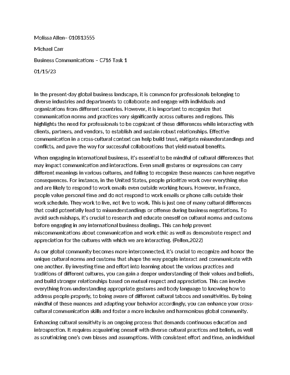 C716 Task 1 - Enhancing Cross-Cultural Communication Skills - Studocu