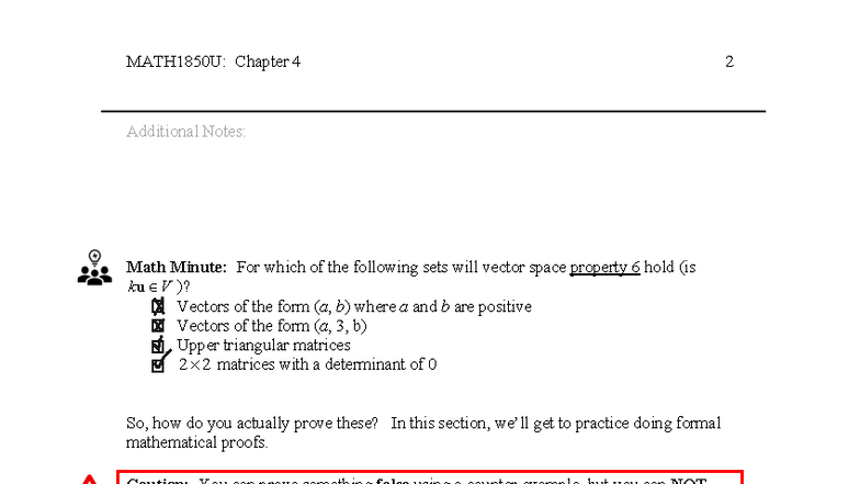 MATH1850U: Chapter 4 Additional Notes on Vector Spaces and Subspaces ...