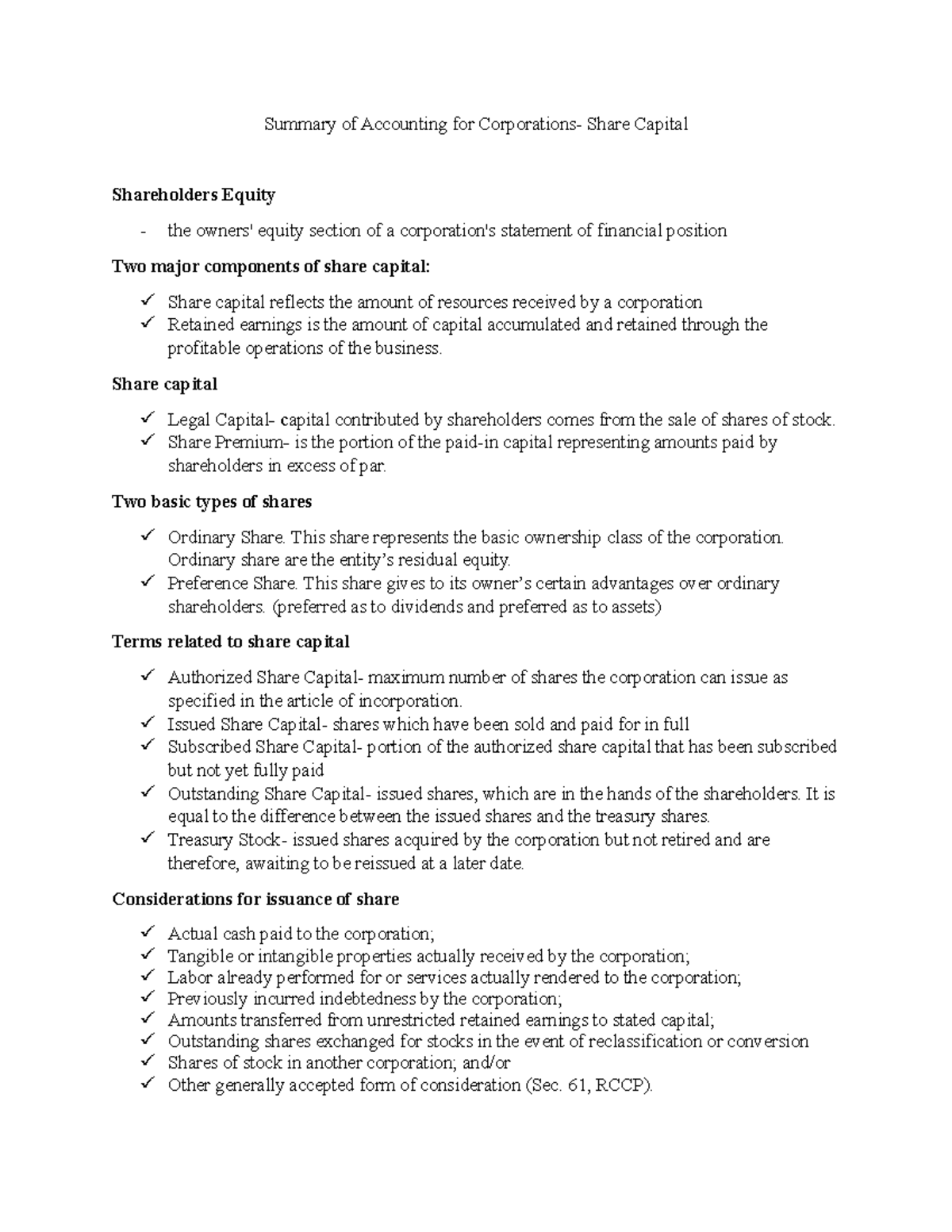 Share Capital - Accounting Overview and Key Terms Notes - Studocu