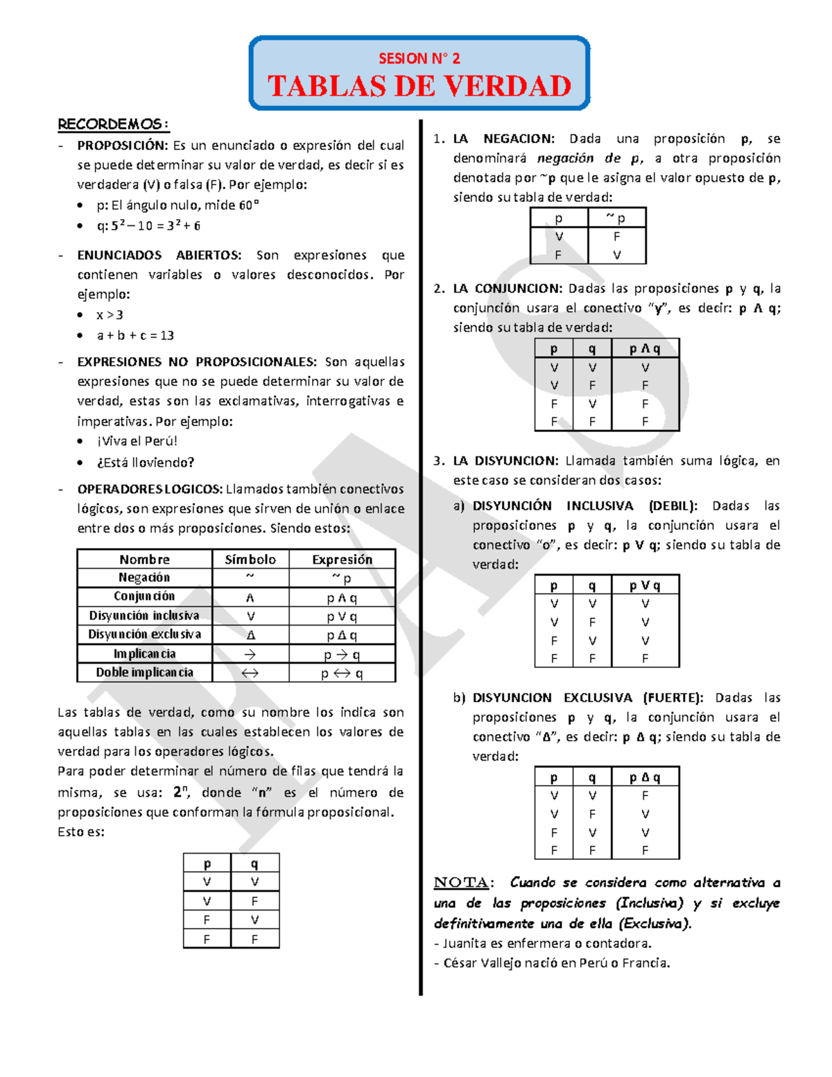 Sesion N° 2 - Tablas DE Verdad - RECORDEMOS: PROPOSICI”N: Es un enunciado o expresiÛn del cual ...