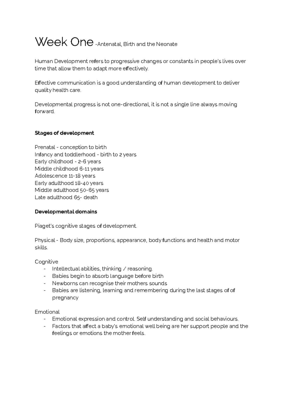 Week One notes - Week One - Antenatal, Birth and the Neonate Human ...