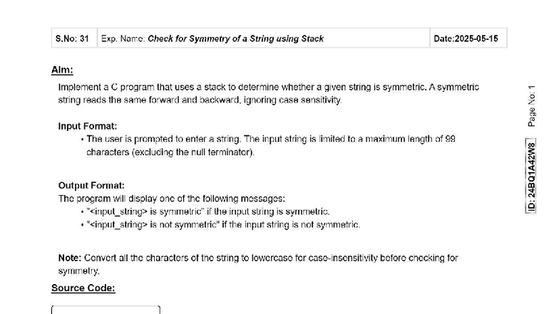 C Program: Check String Symmetry Using Stack (24BQ1A42W8) - Studocu