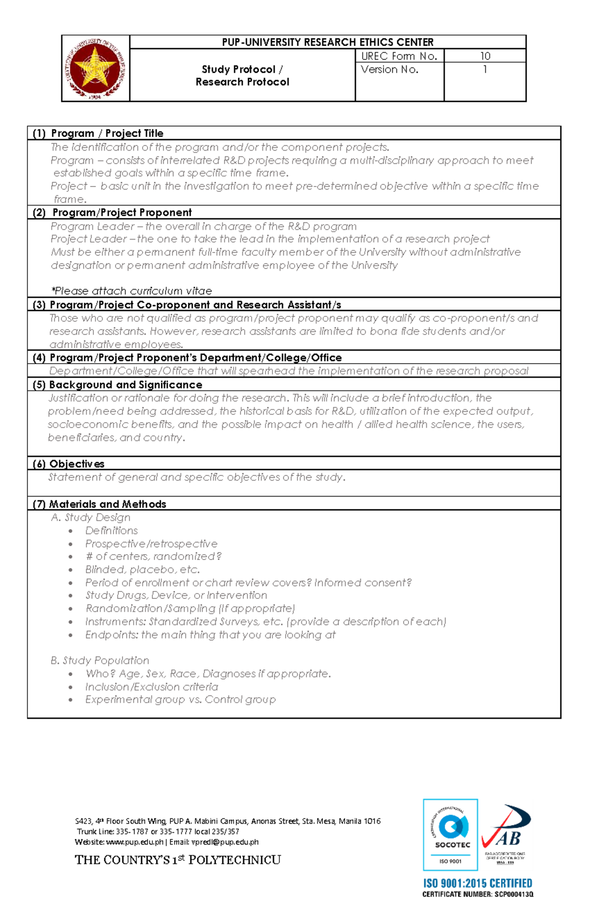 UREC Form 10: Comprehensive Study Protocol Guidelines - Studocu