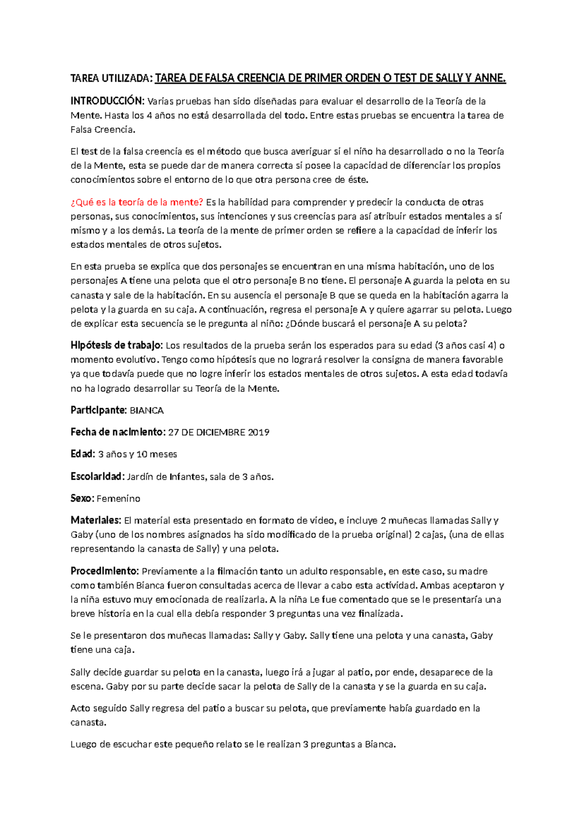 TAREA DE FALSA CREENCIA: TEST DE SALLY Y ANNE - APUNTES DE CLASE - Studocu