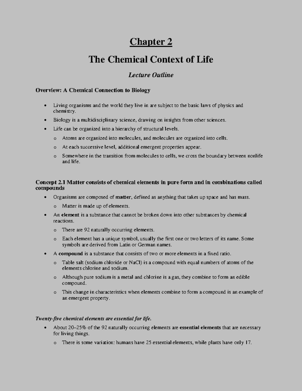 Chapter 2: Chemical Context of Life - Lecture Notes (Bio 101) - Studocu