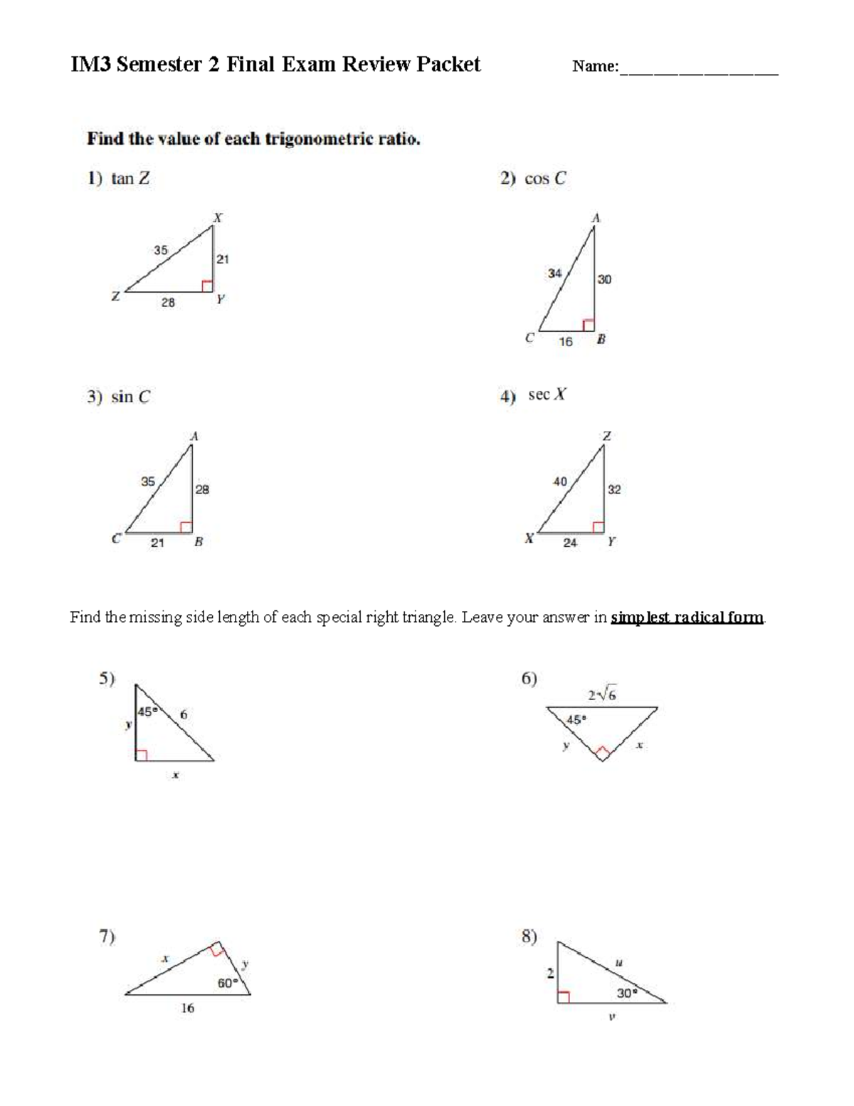 IM3 Semester 2 Final Exam Review: Special Right Triangles & Trig ...