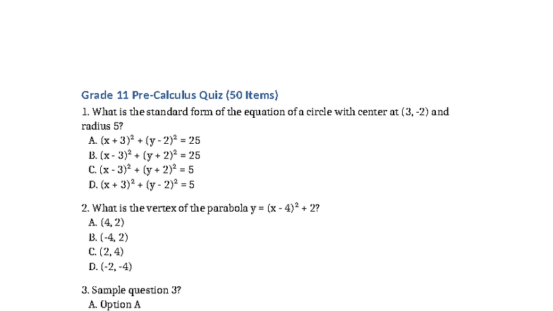 Grade 11 Pre-Calculus Quiz: 50 Questions for Review - Studocu