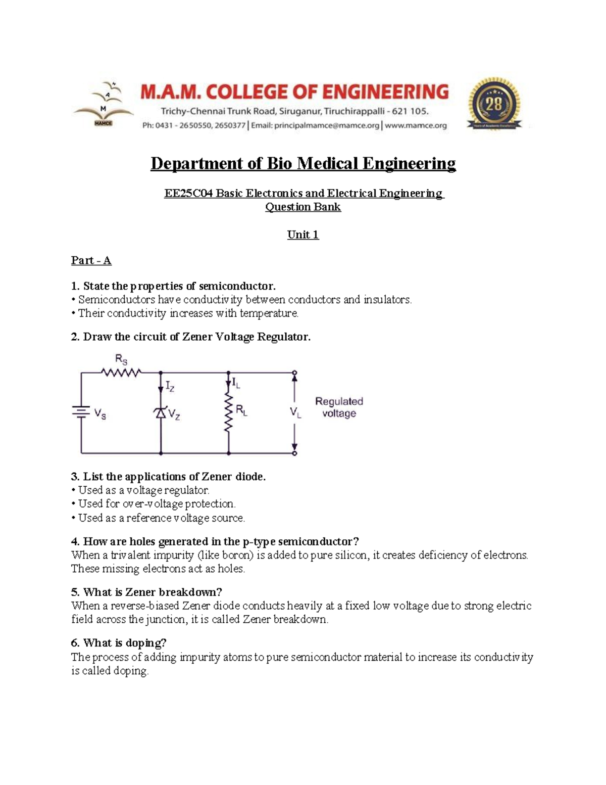 EE25C04 Basic Electronics & Electrical Engineering Question Bank - Studocu