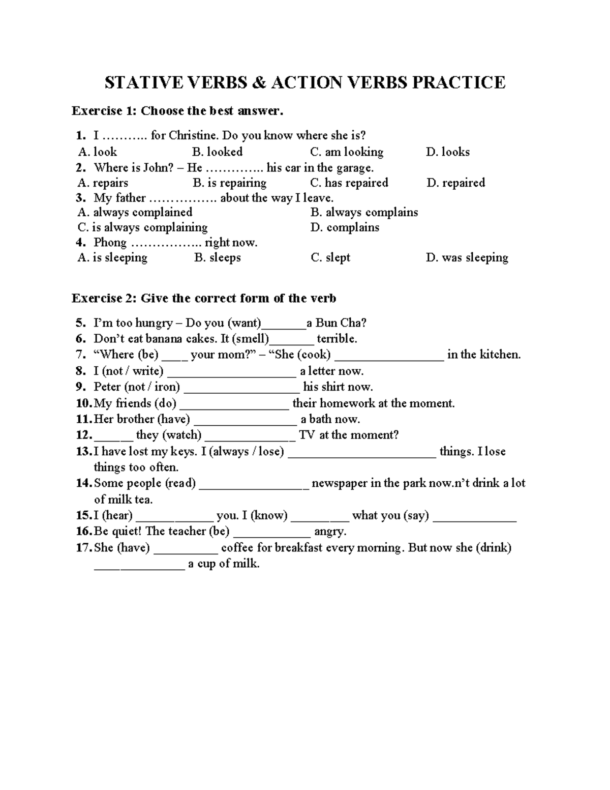 Stative Verbs & Action Verbs - STATIVE VERBS & ACTION VERBS PRACTICE ...