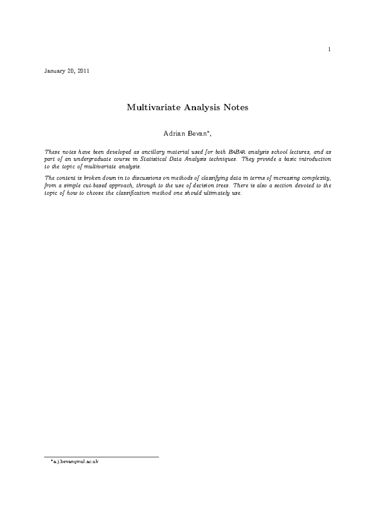 MVA 101: Multivariate Analysis Lecture Notes - Studocu