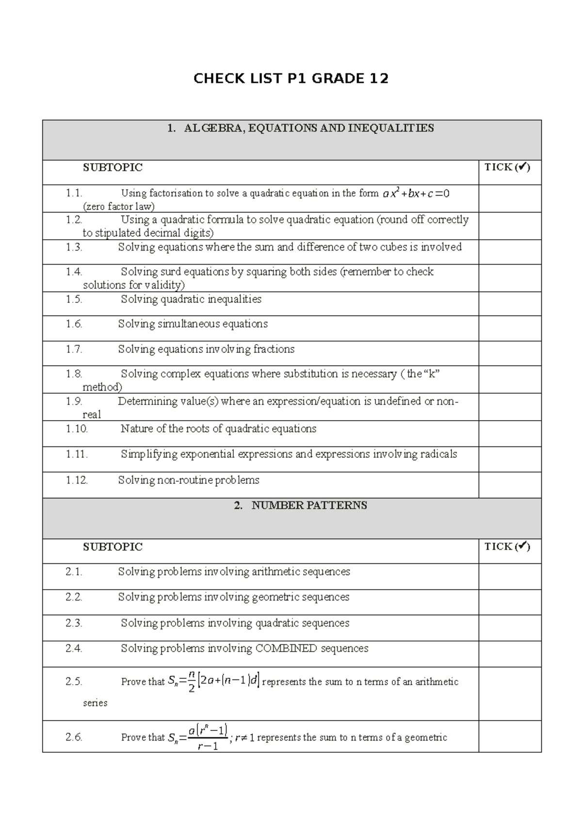 Grade 12 Math P1 Checklist: Algebra, Functions, and Calculus Scope 2026 ...
