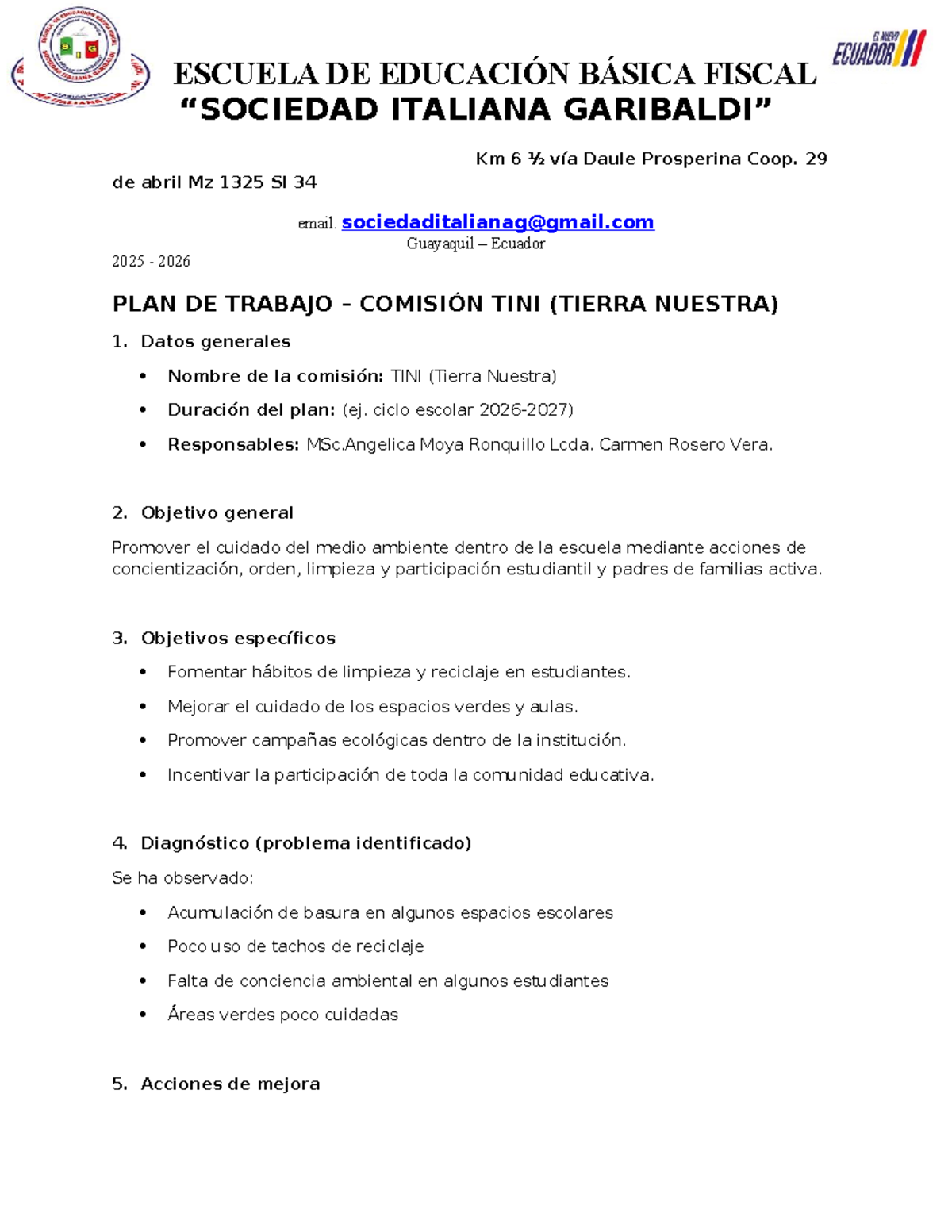Plan de Trabajo TINI 2026: Cuidado del Medio Ambiente en la Escuela ...