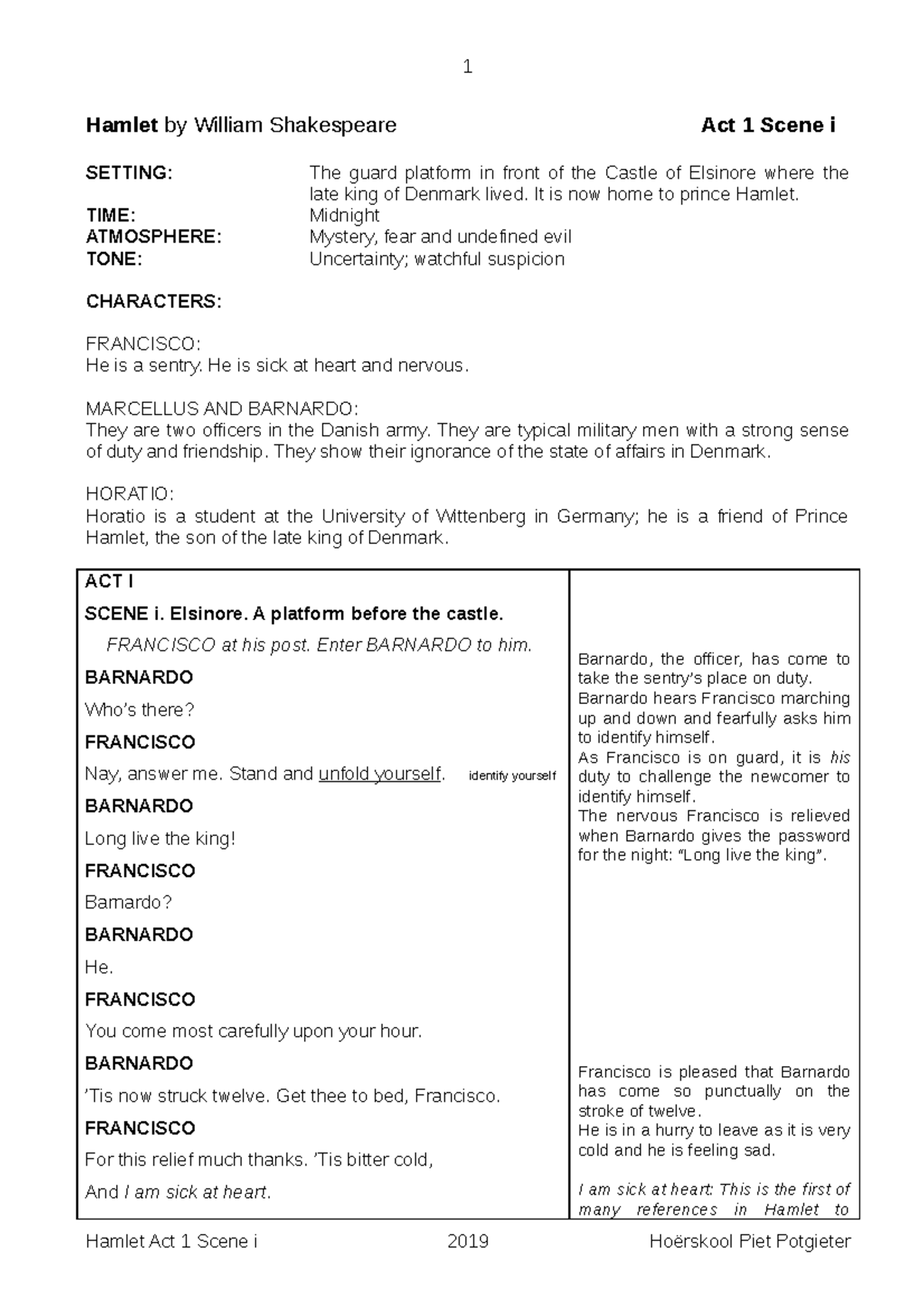Hamlet (ENG 101) Act 1 Scene i: Characters, Setting, and Themes ...