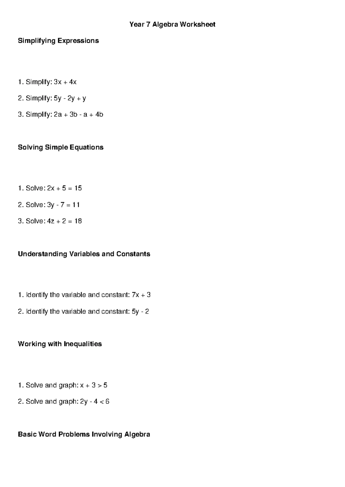 Year 7 Mathematics Algebraic Techniques Practice Test 1 - Studocu