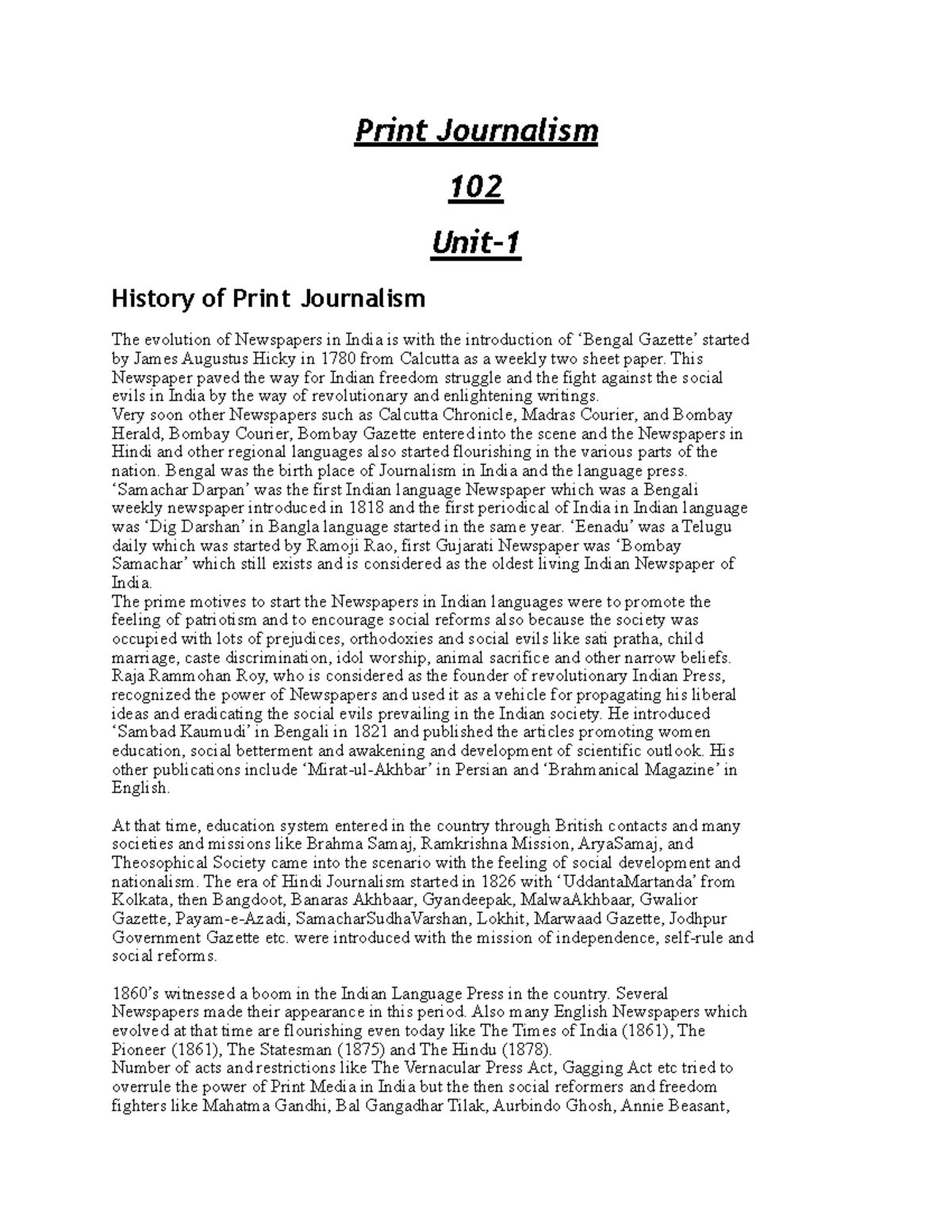Print Journalism Notes: History and Evolution (Course 102) - Studocu