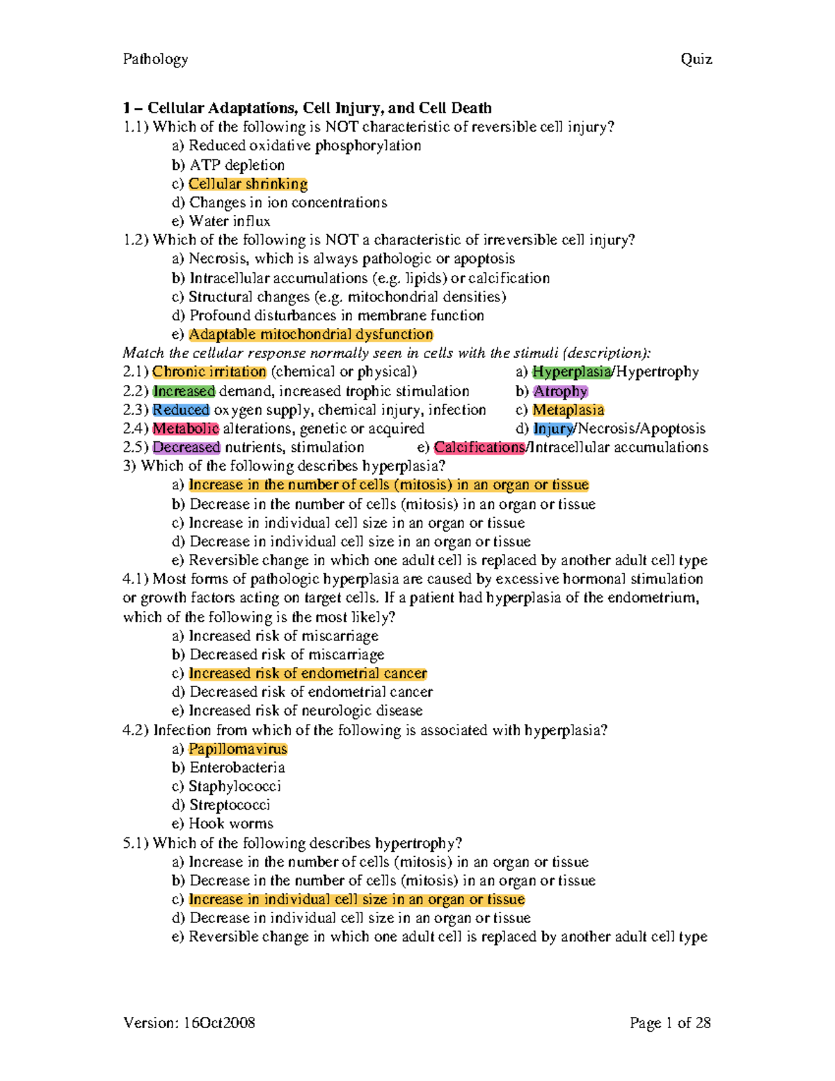 Pathology Quiz 1: Cellular Adaptations, Injury, and Death (55957221 ...