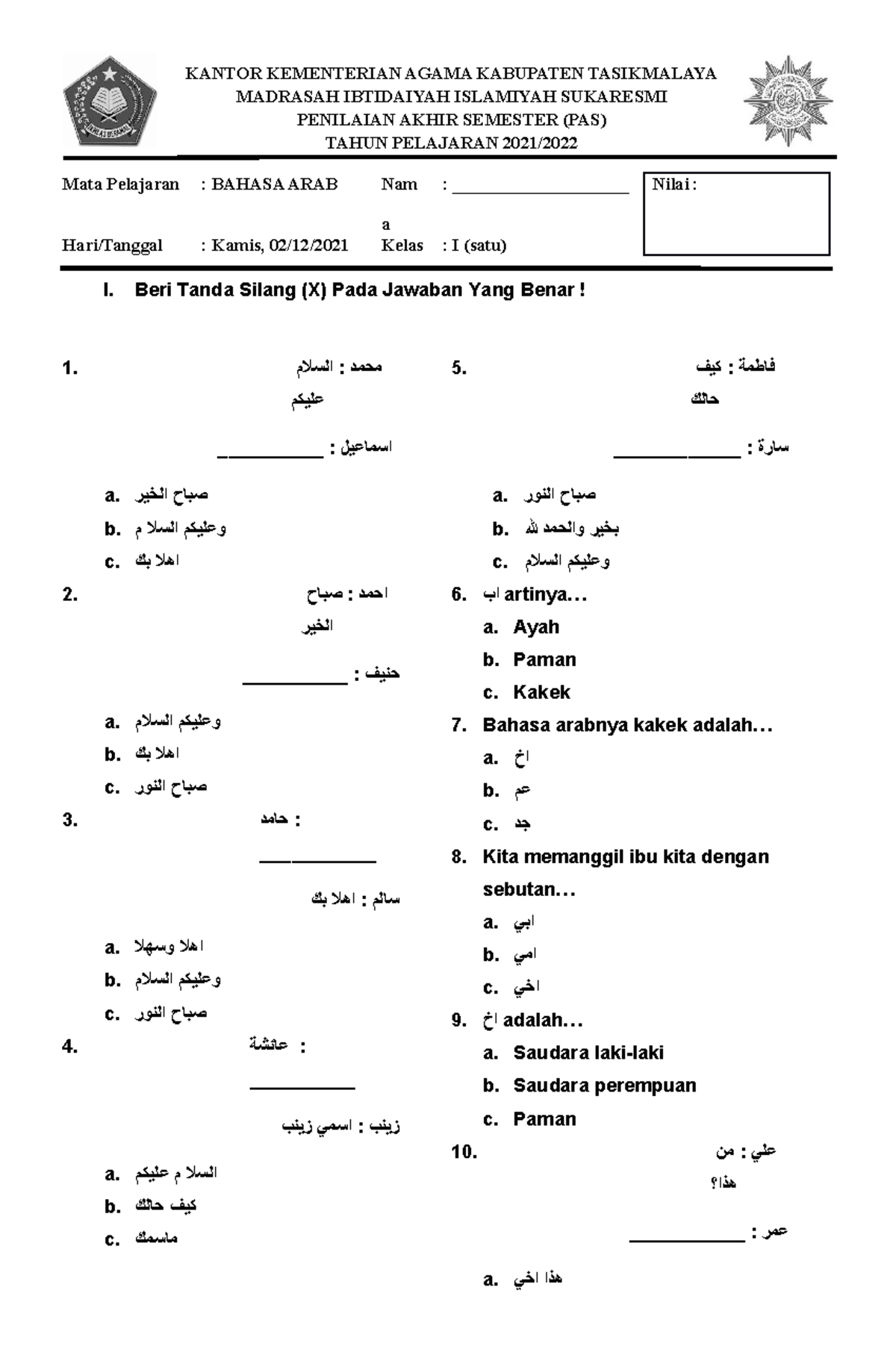 SOAL-SOAL Bahasa ARAB Kelas 1 MI - KANTOR KEMENTERIAN AGAMA KABUPATEN TASIKMALAYA MADRASAH - Studocu