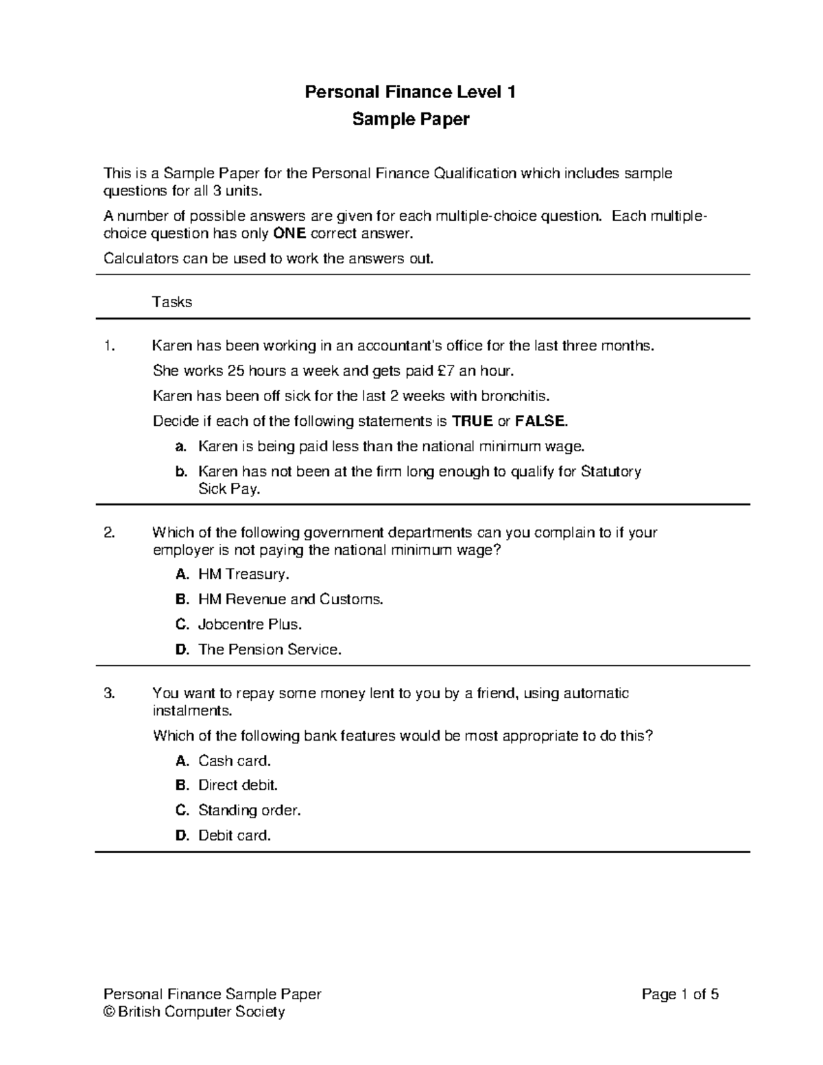 Personal Finance Level 1 Sample Exam 1: Questions & Answers - Studocu