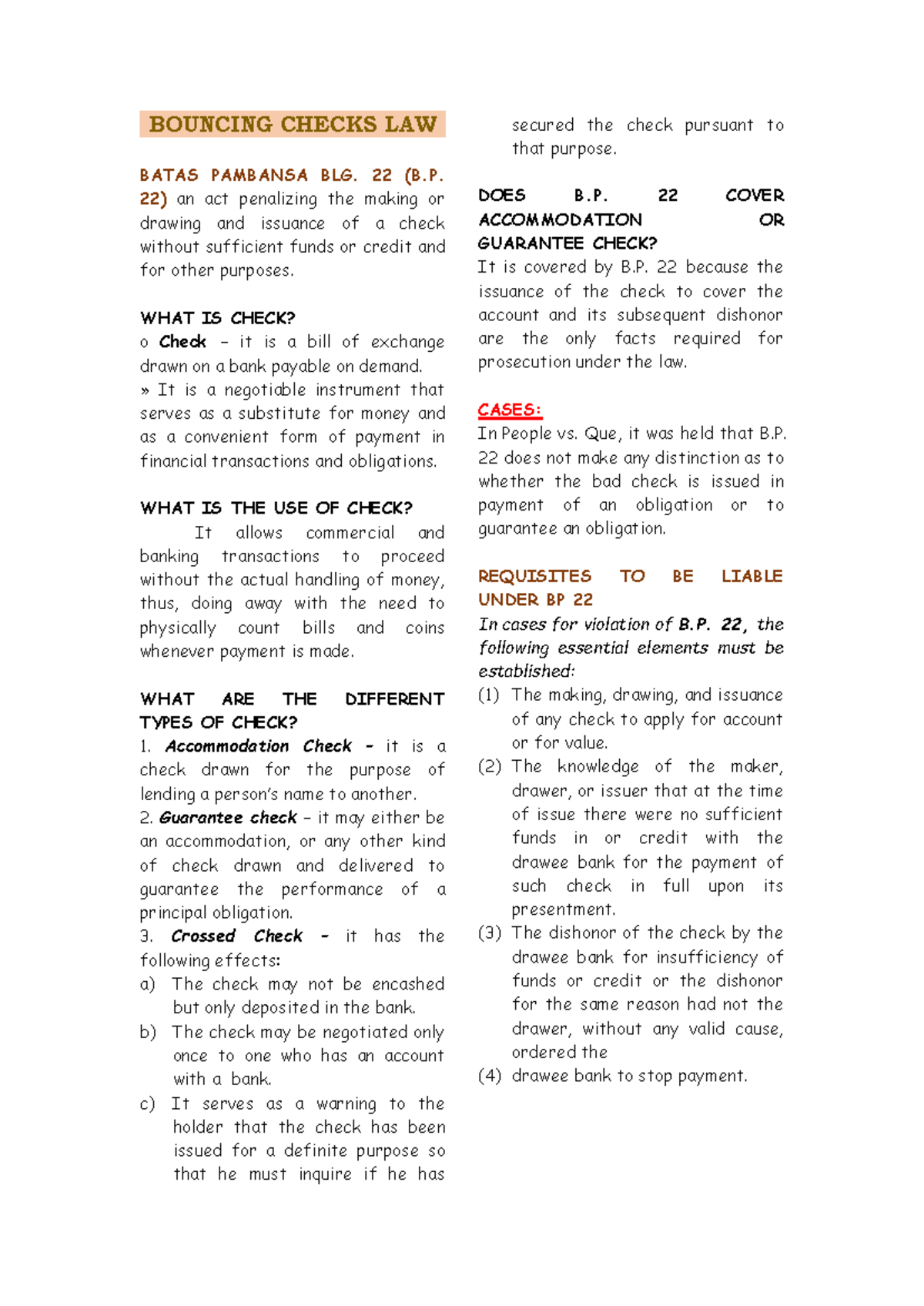 Bouncing Checks Law (B.P. 22) - Comprehensive Study Notes - Studocu