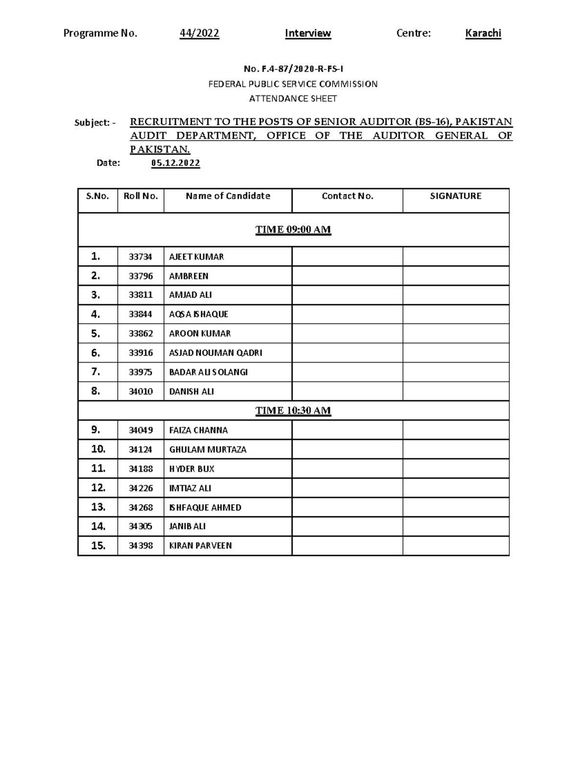 FPSC Interview Attendance Sheet for Senior Auditor - Programme No. 44/ ...