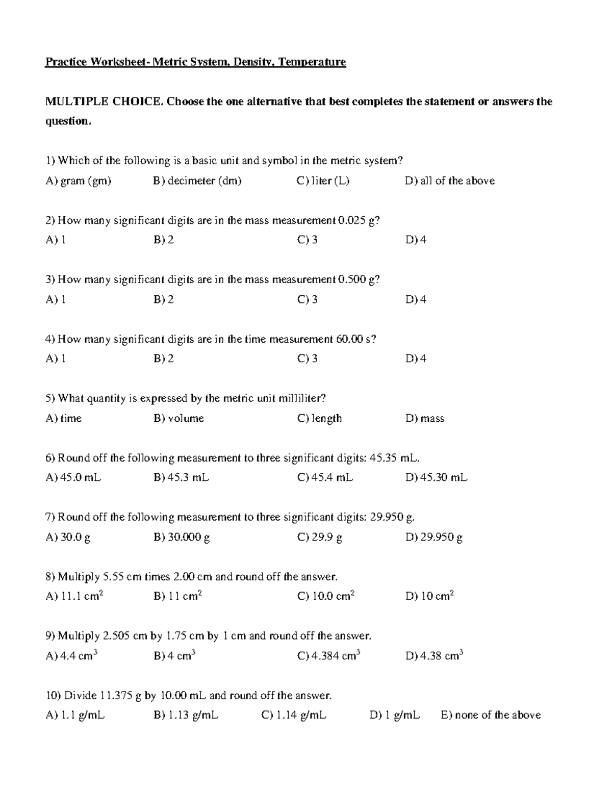 Practice Worksheet: Metric System, Density & Temp Calculations - Studocu