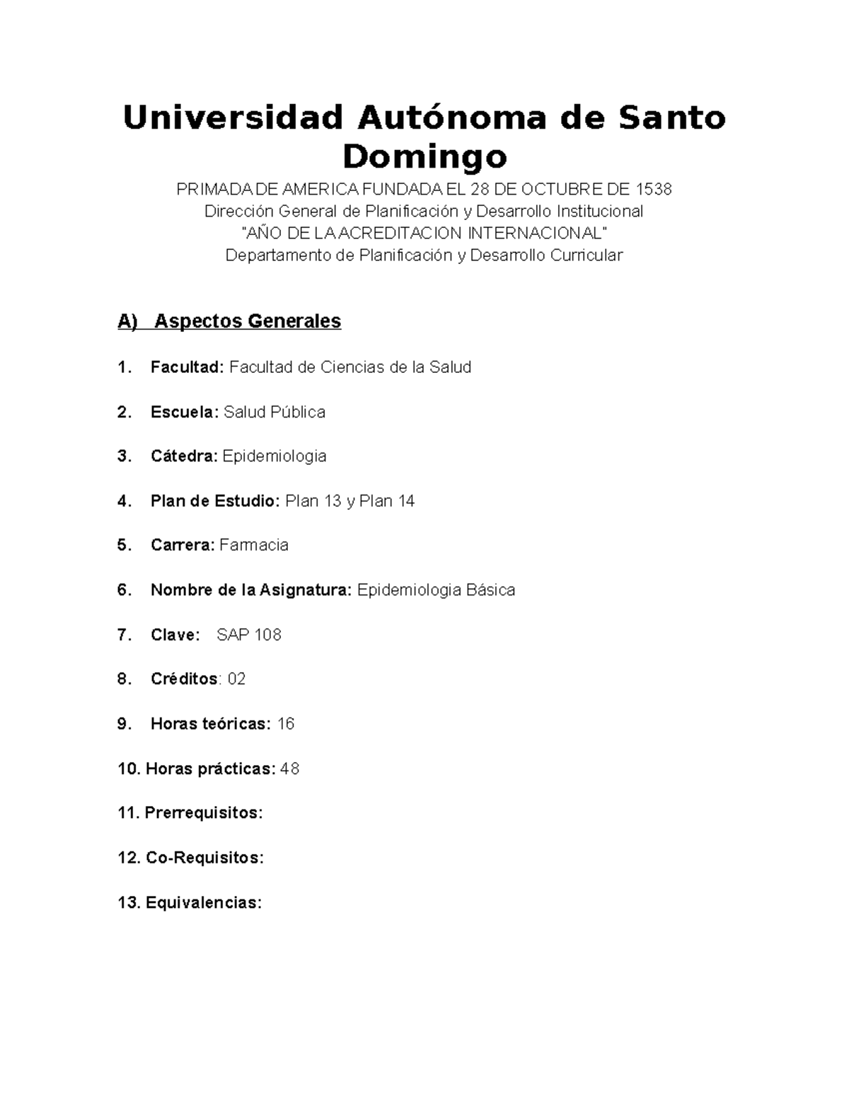 Programa de Epidemiologia SAP-108 Nuevo Formato IDJ - Universidad ...