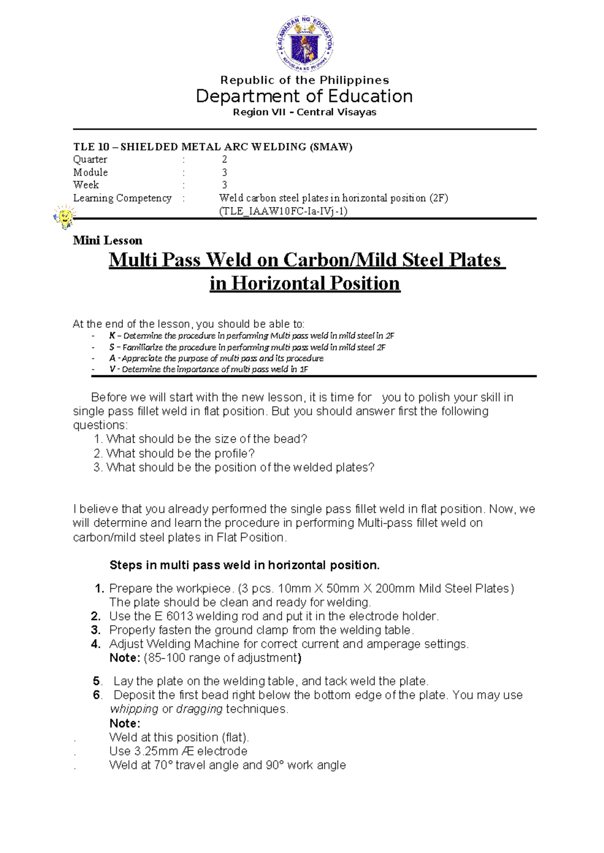 SMAW10-Q3-Wk1-Mini Lesson: Multi-Pass Weld on Carbon Steel 2F - Studocu