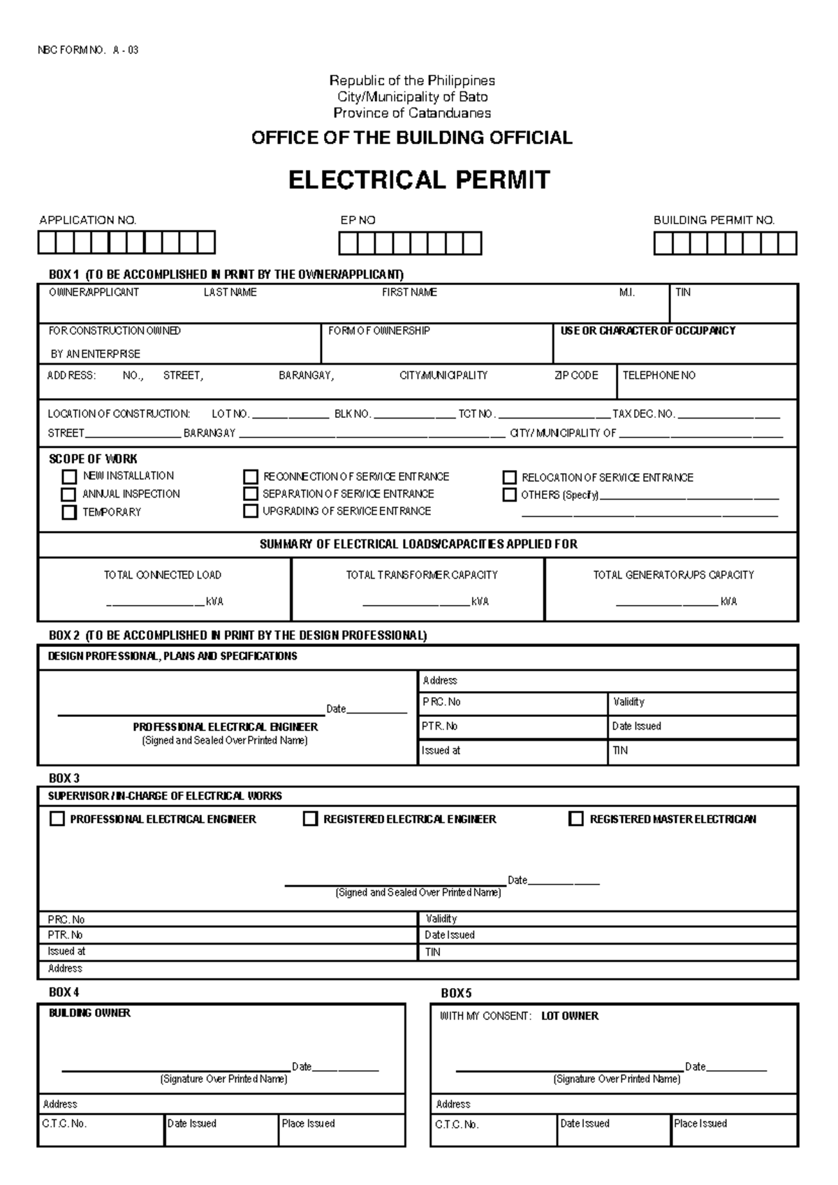 Electrical Permit Application Form - NBC FORM NO. A 03 - Studocu