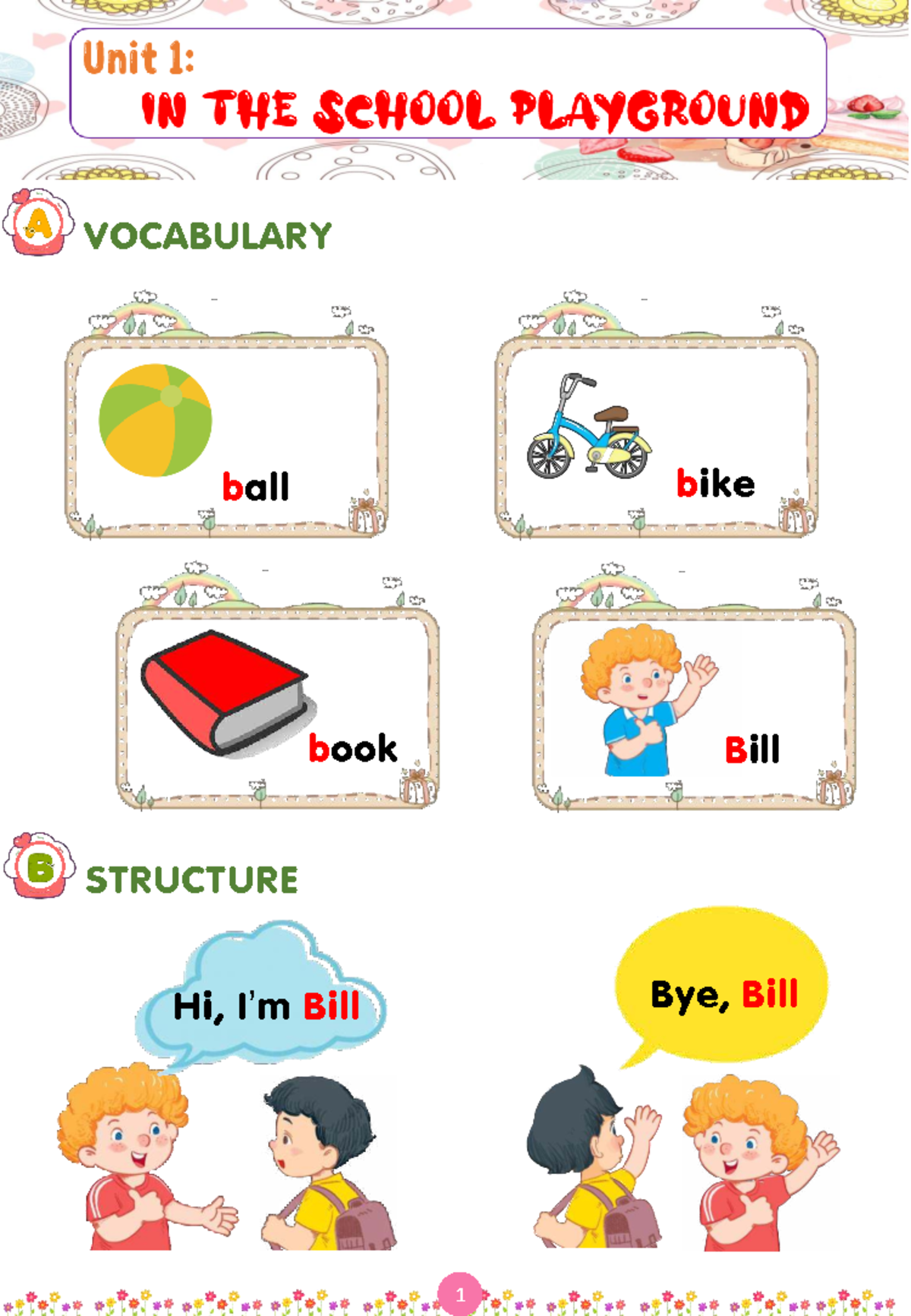 Unit 1 - Vocabulary Practice: Bike, Ball, and Book Activities - Studocu