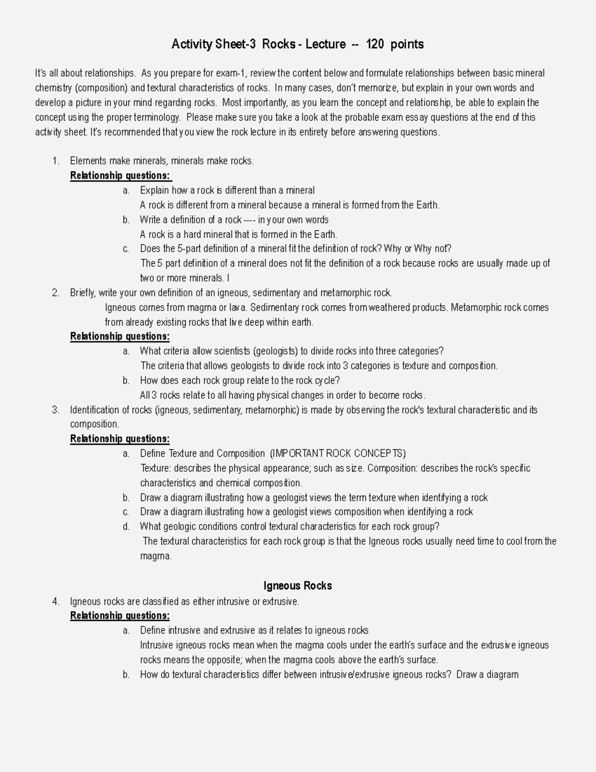 Rocks Assignment - Lecture Exam Review for Earth Science 101 - Studocu
