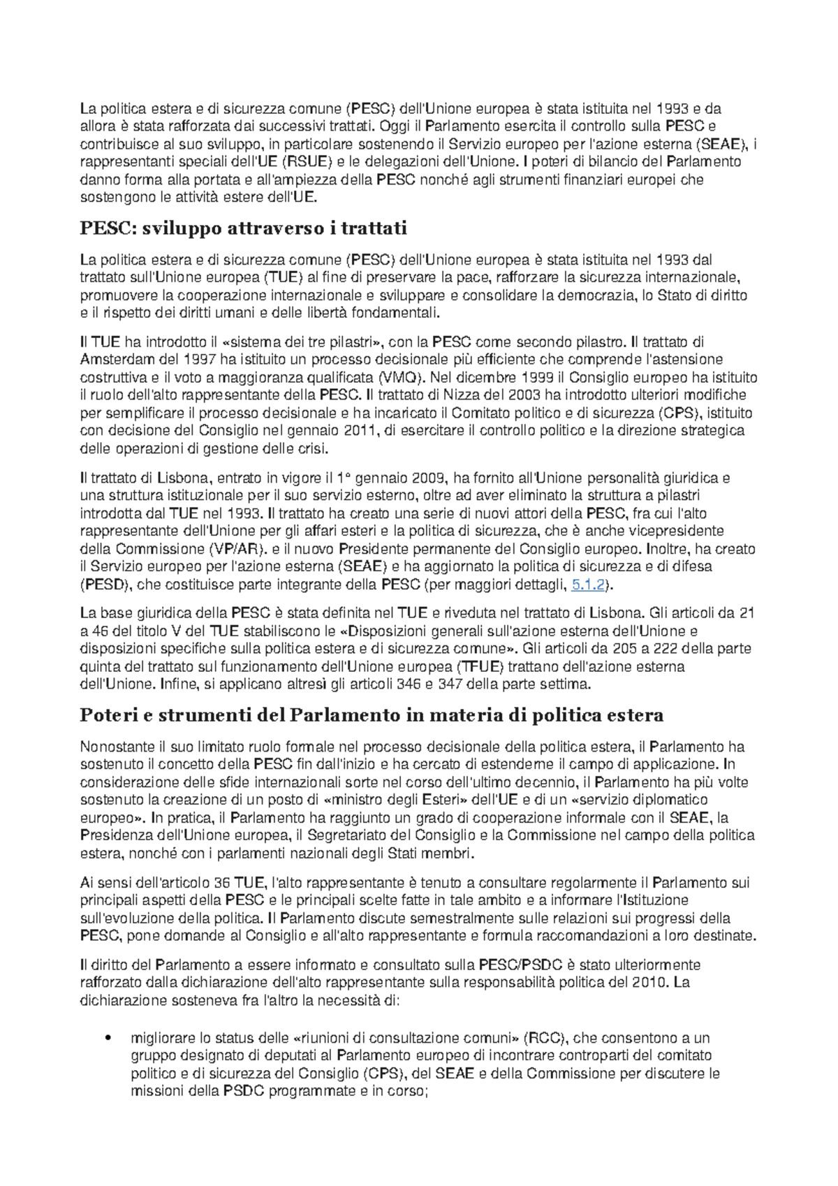 La PESC e il Ruolo del Parlamento nell'Unione Europea: Evoluzione e ...