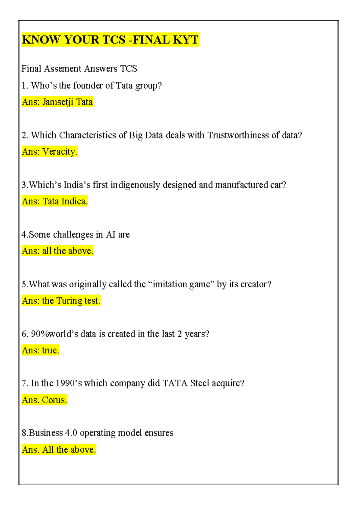 TCS IPA MCQs Final Exam - Know Your TCS & Business Skills Insights - Studocu