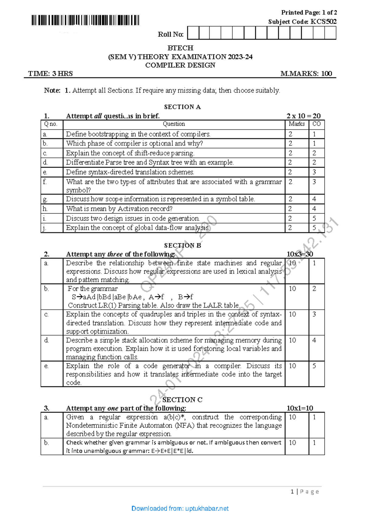 BTECH (SEM V) KCS502 Theory Exam: Compiler Design Previous Year ...