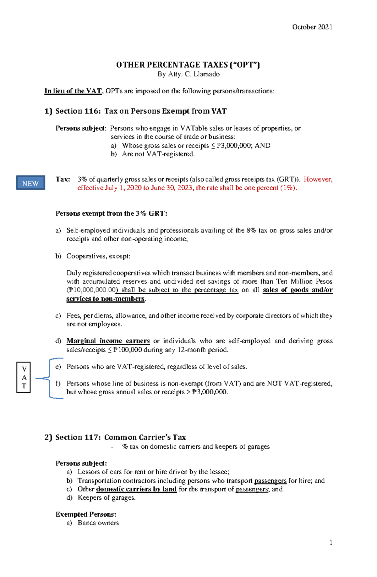 CPAR - OPT - Overview of Other Percentage Taxes and Requirements - Studocu
