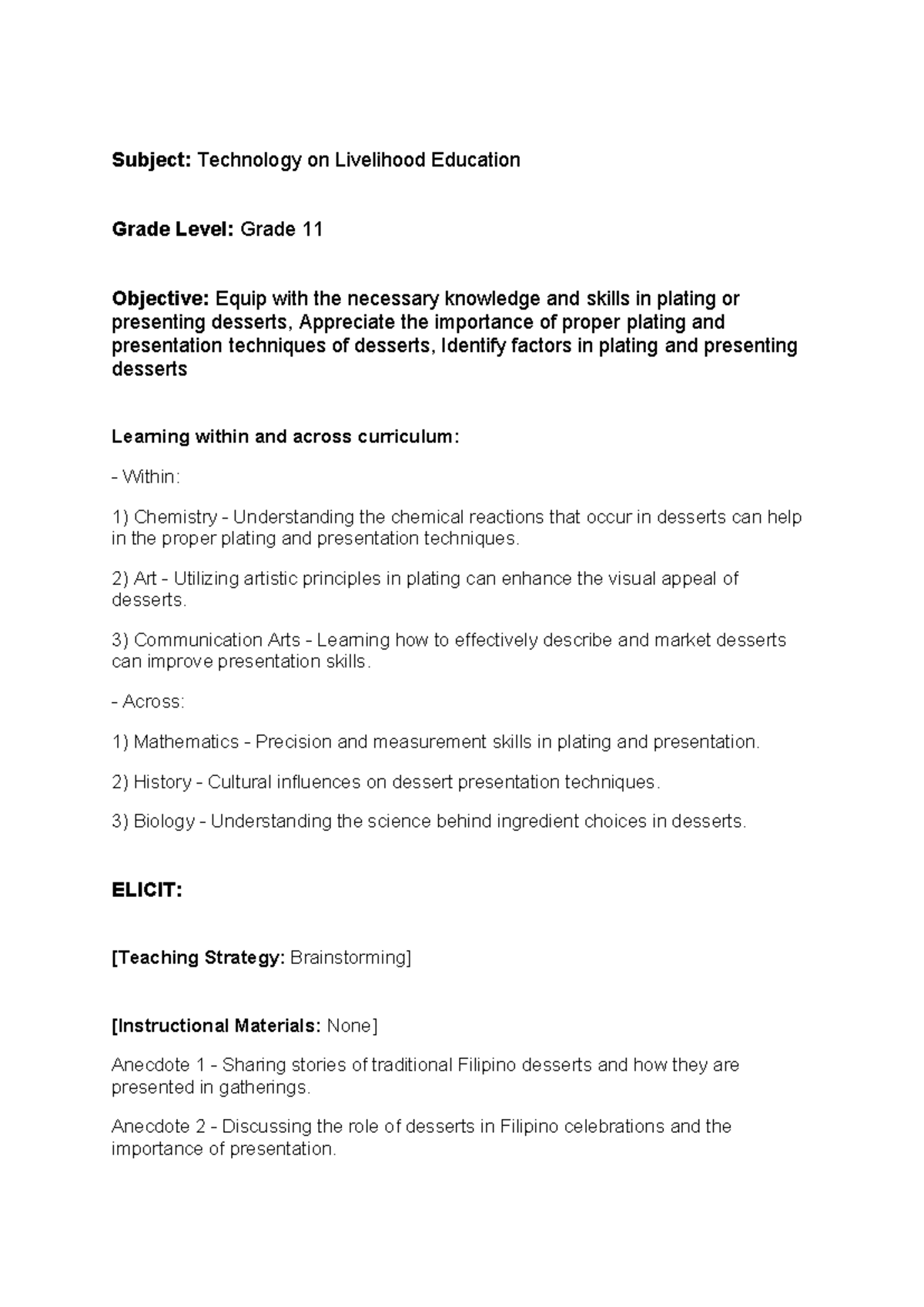 Lesson Plan - Plating Techniques for Desserts in Grade 11 TLE - Studocu