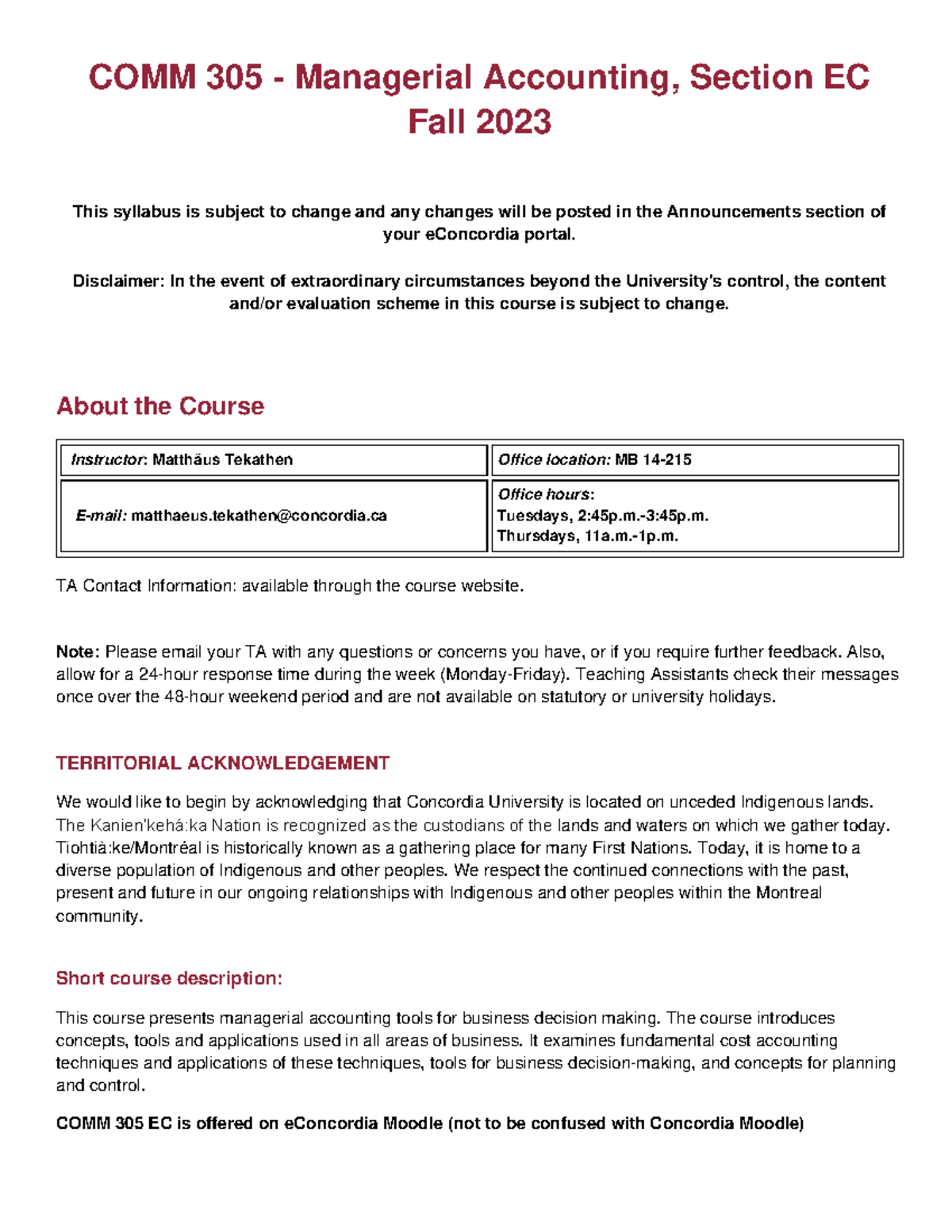 COMM 305 - Managerial Accounting Syllabus & Course Info (Fall 2023 ...