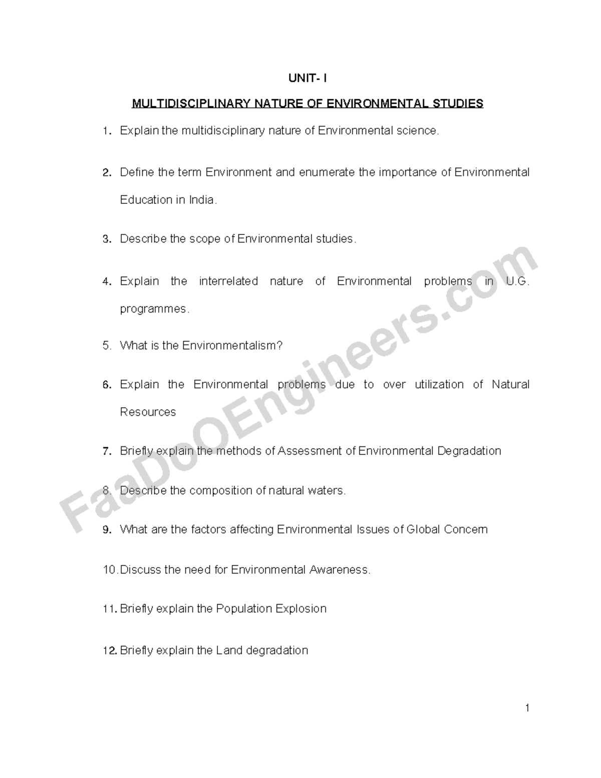 Environmental Studies (ES) Important Questions from UNIT 1-4 - Studocu