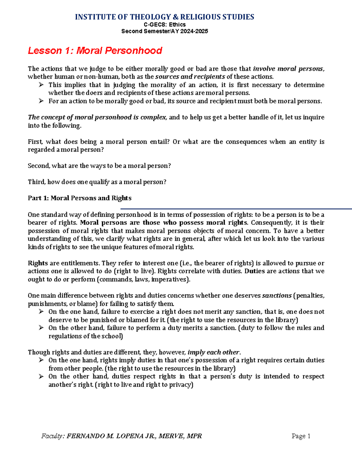 Ethics Midterm Handout: Understanding Moral Personhood and ...