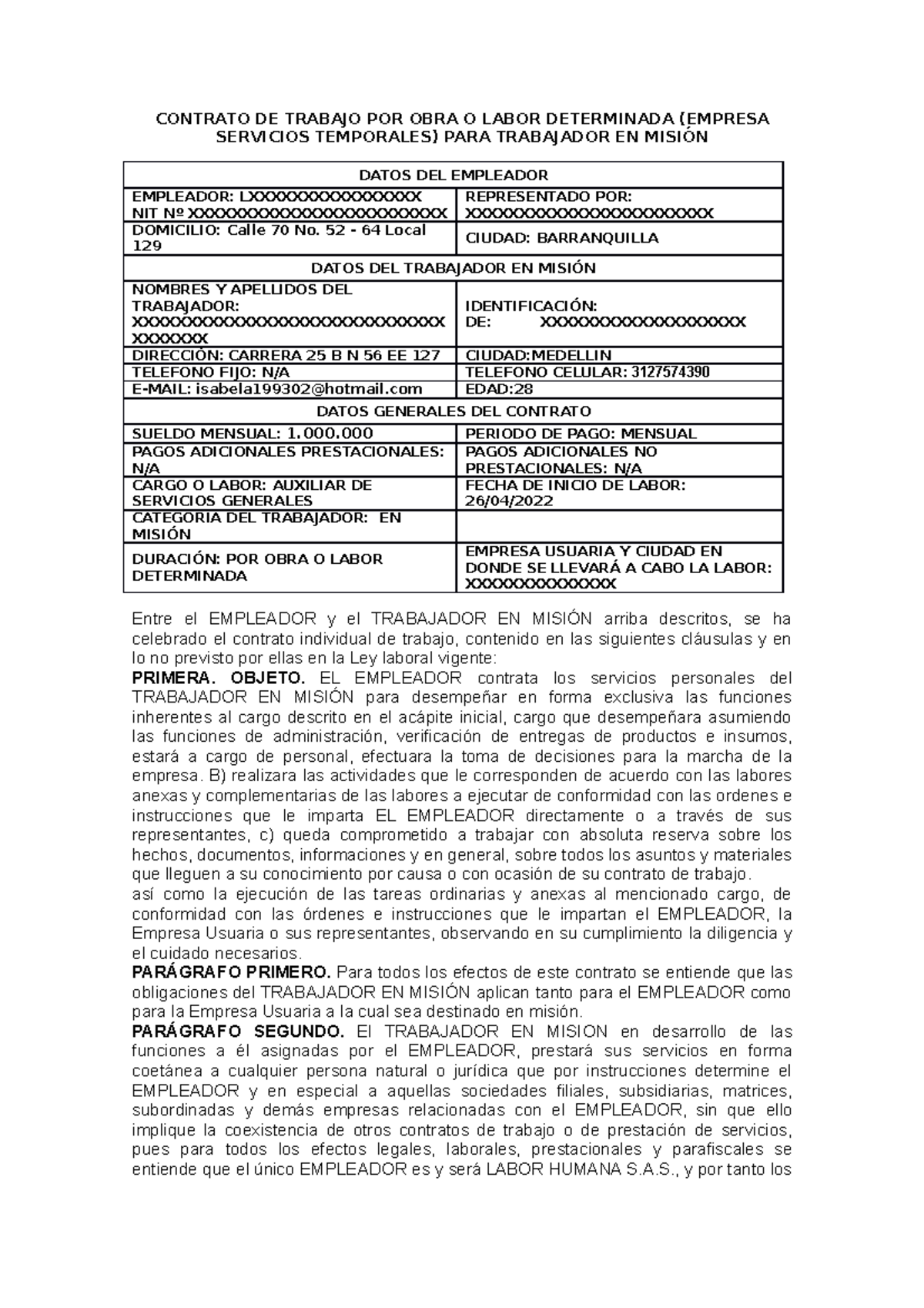 Modelo DE Contrato DE Trabajo POR OBRA O Labor Determinada - CONTRATO DE TRABAJO POR OBRA O ...