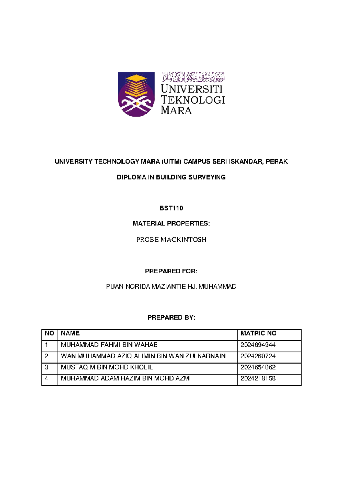 BST110 Report on Mackintosh Probe Test for Material Properties - Studocu