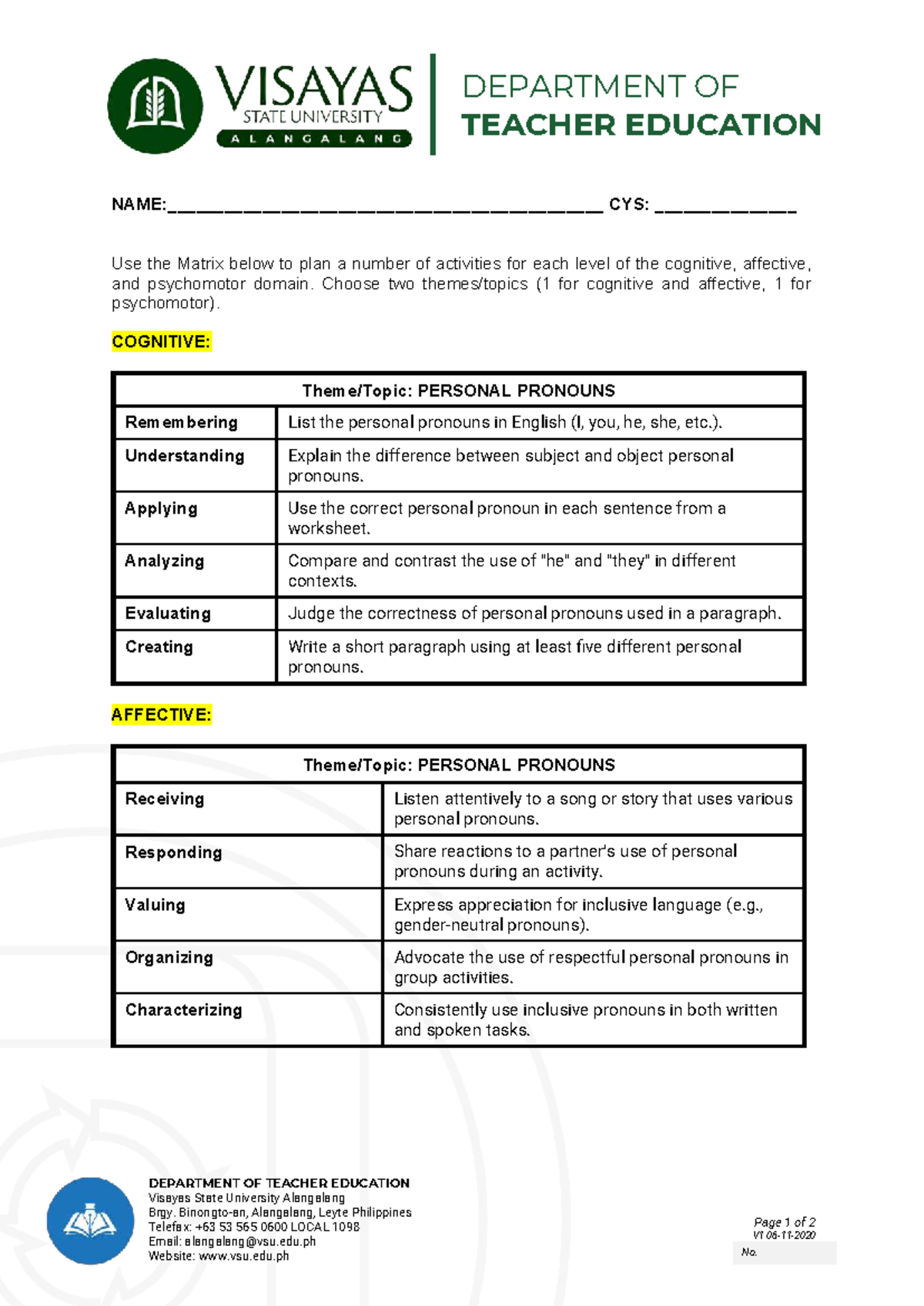 CYS: Planning Activities for Cognitive, Affective, & Psychomotor ...