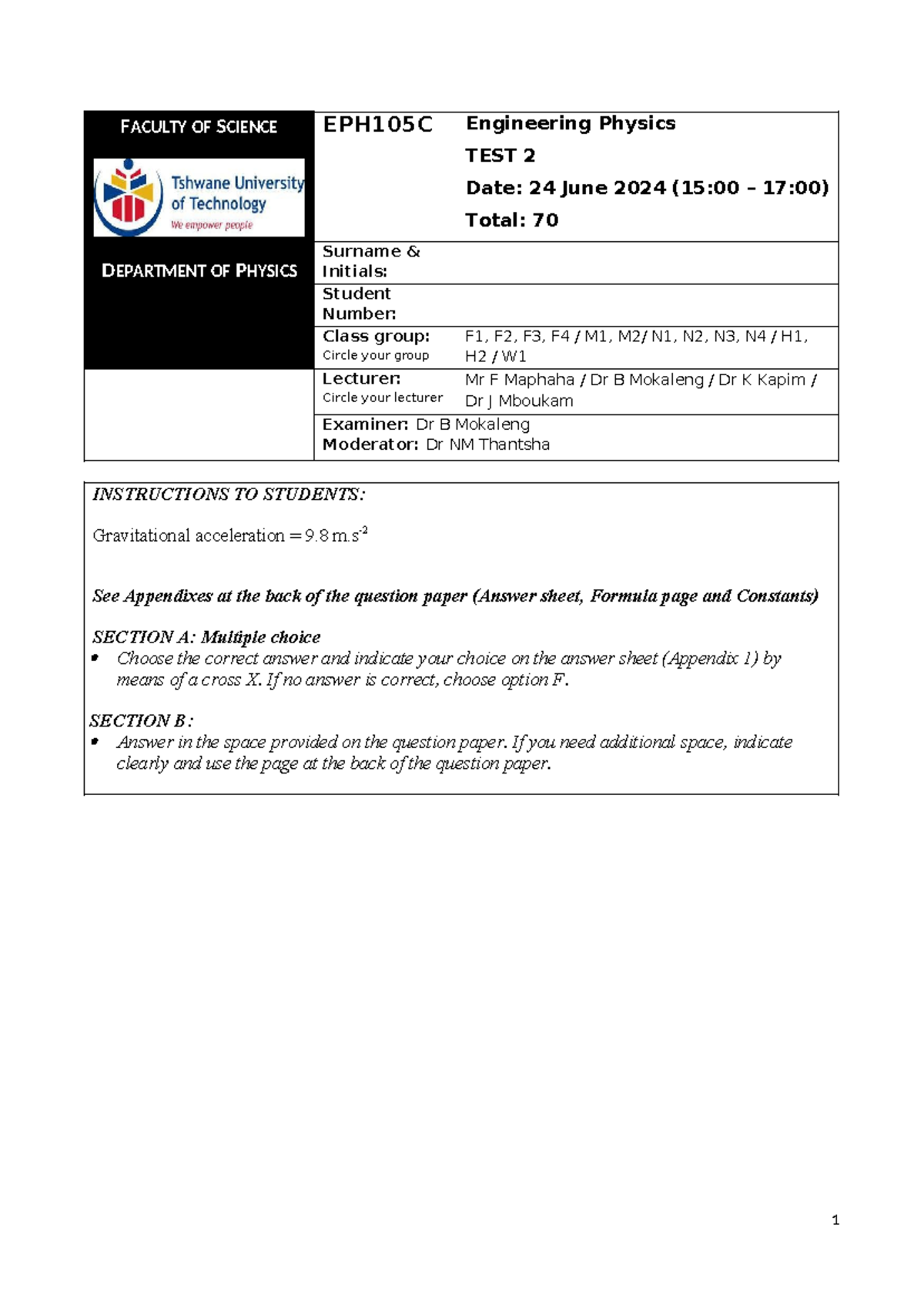 EPH105C Engineering Physics Test 2 - June 24, 2024 - Studocu