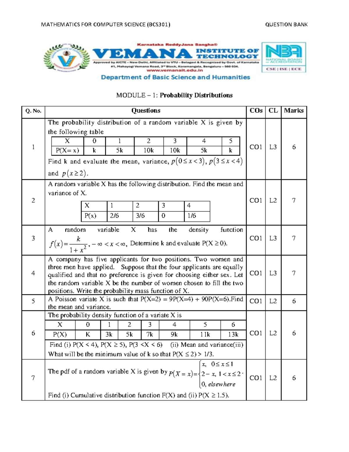 BCS301 MATHEMATICS FOR COMPUTER SCIENCE QUESTION BANK: Probability ...