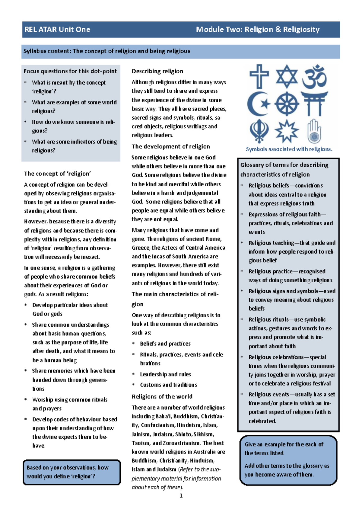 REL ATAR Unit 1 Module 2: Overview of Religion and Religiosity - Studocu