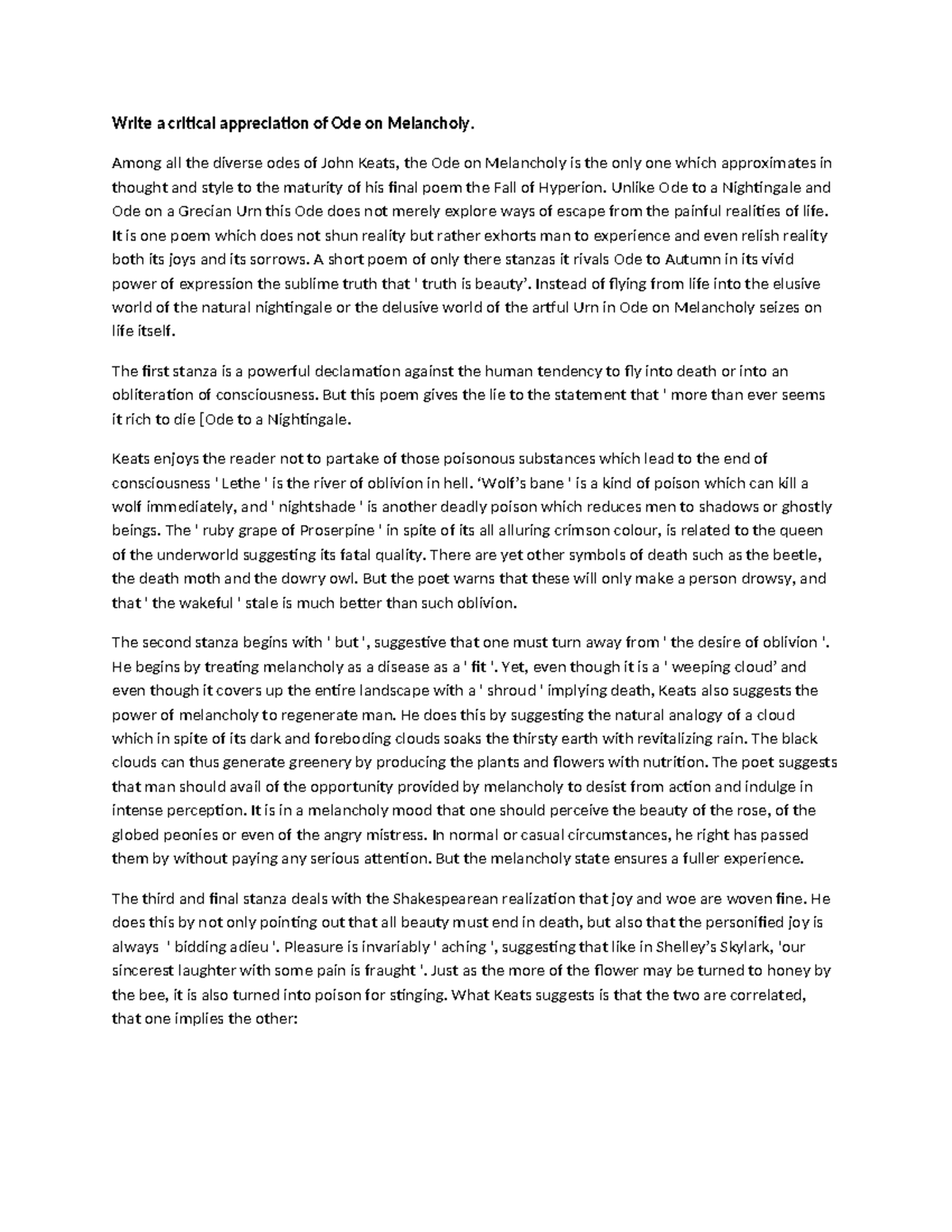 Critical Appreciation of Ode on Melancholy - Exam Notes - Studocu