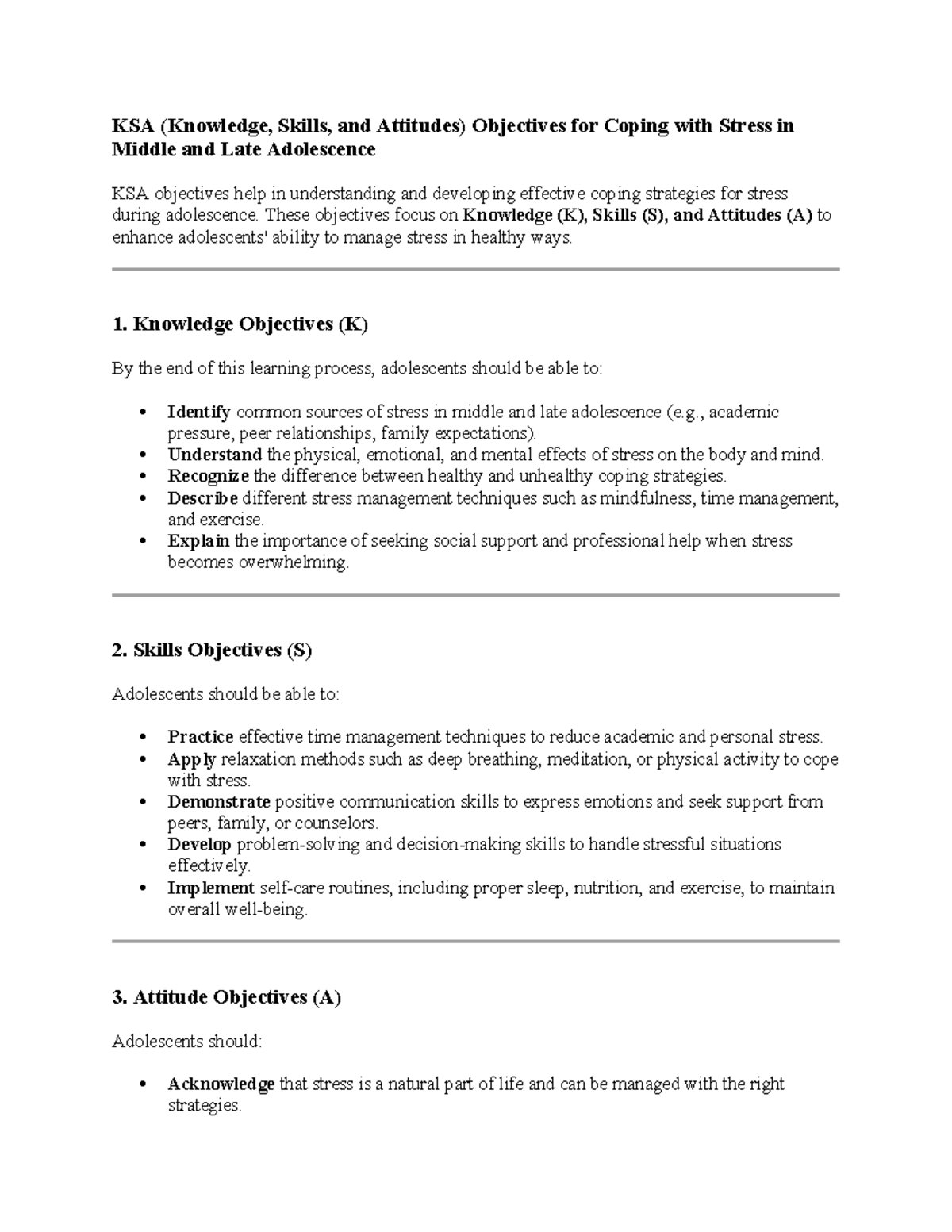 Ksa objectives - none - KSA (Knowledge, Skills, and Attitudes ...
