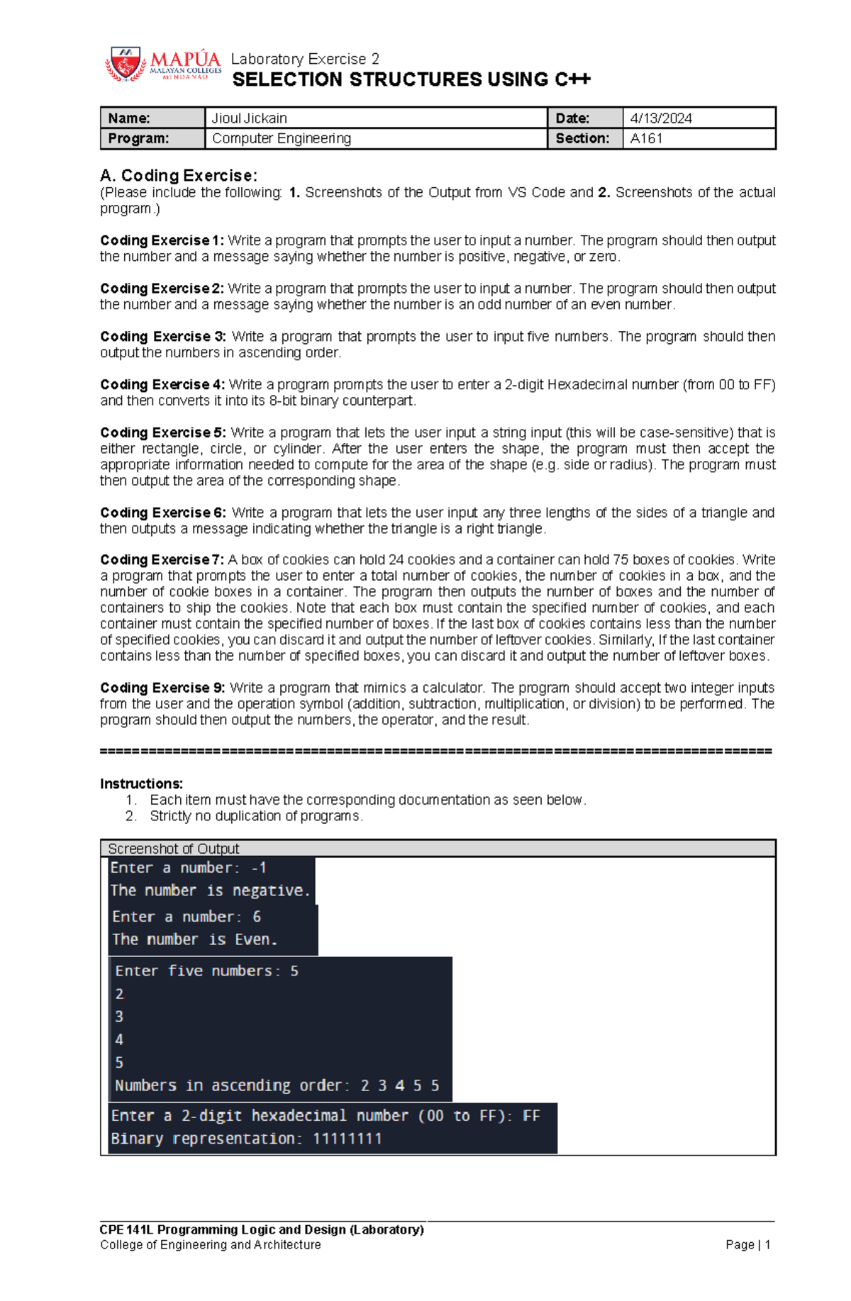 CPE141L Laboratory Exercise 2: Selection Structures in C++ Programming - Studocu