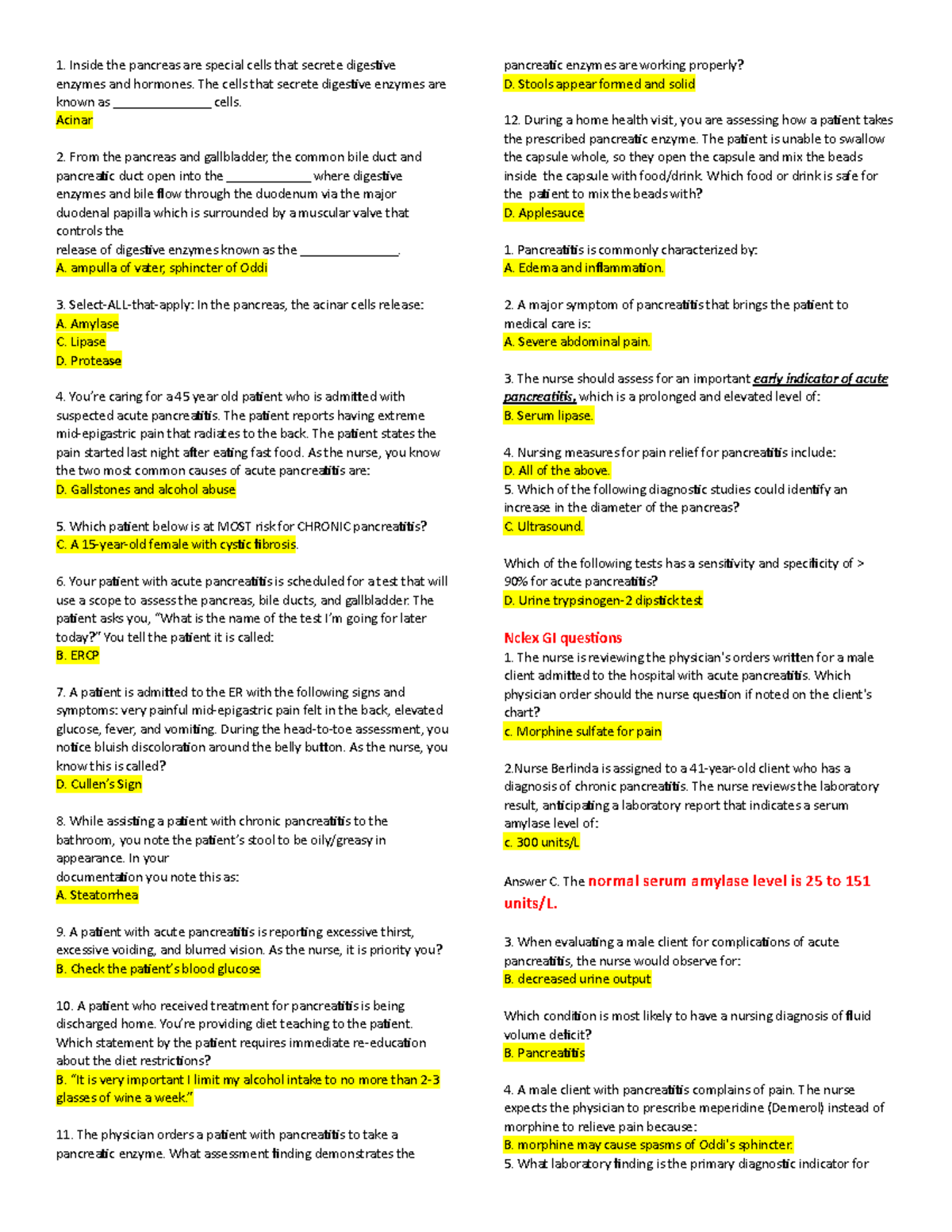 Pancreatitis Overview and Nursing Considerations - Nclex Review - Studocu