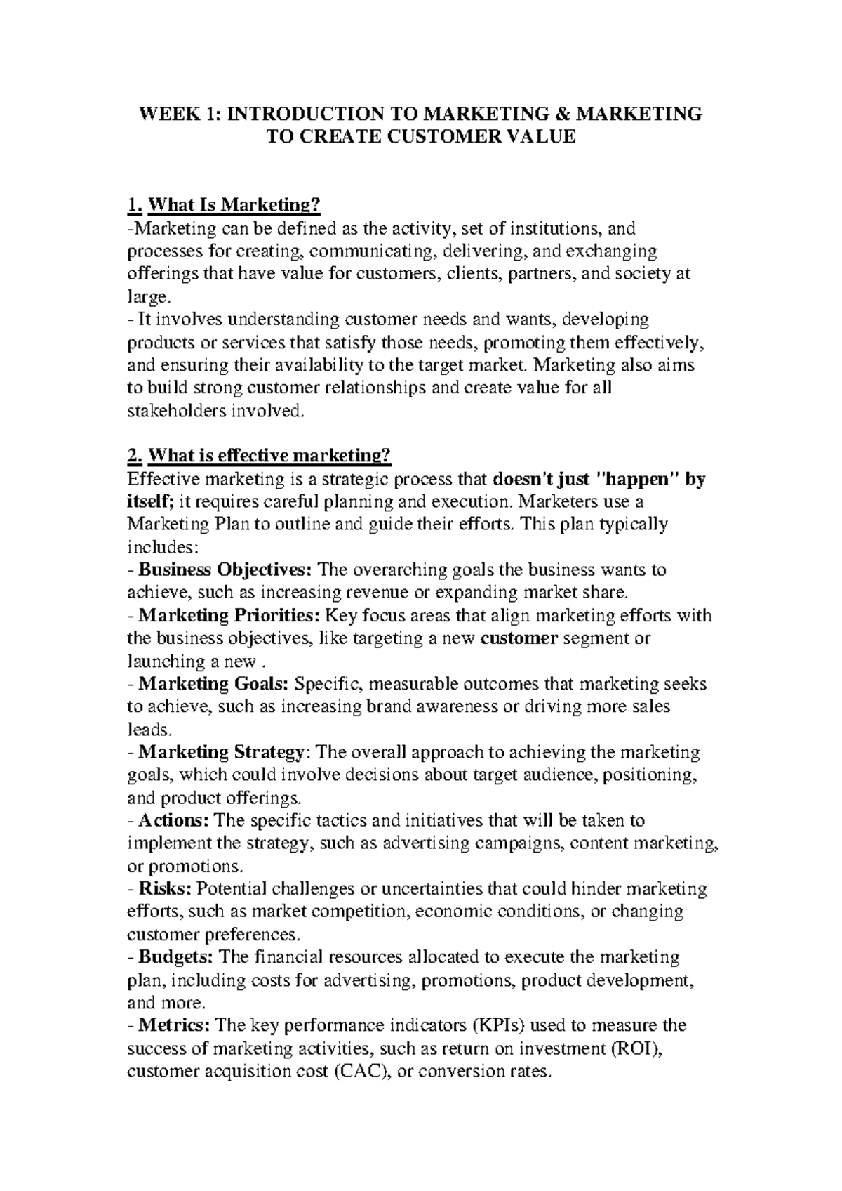 WEEK 1 - Intro to Marketing Concepts & Value Creation Principles - Studocu